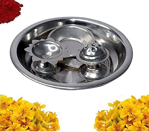 Ekan Steel and Brass Puja Thali Set for Diwali PoojanPooja Room Silver ...