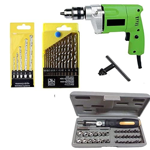 Ekdant Powerful Drill Machine 10mm with 13 HSS Bits 5 Masonry Bits and 41 pcs Screwdriver ...