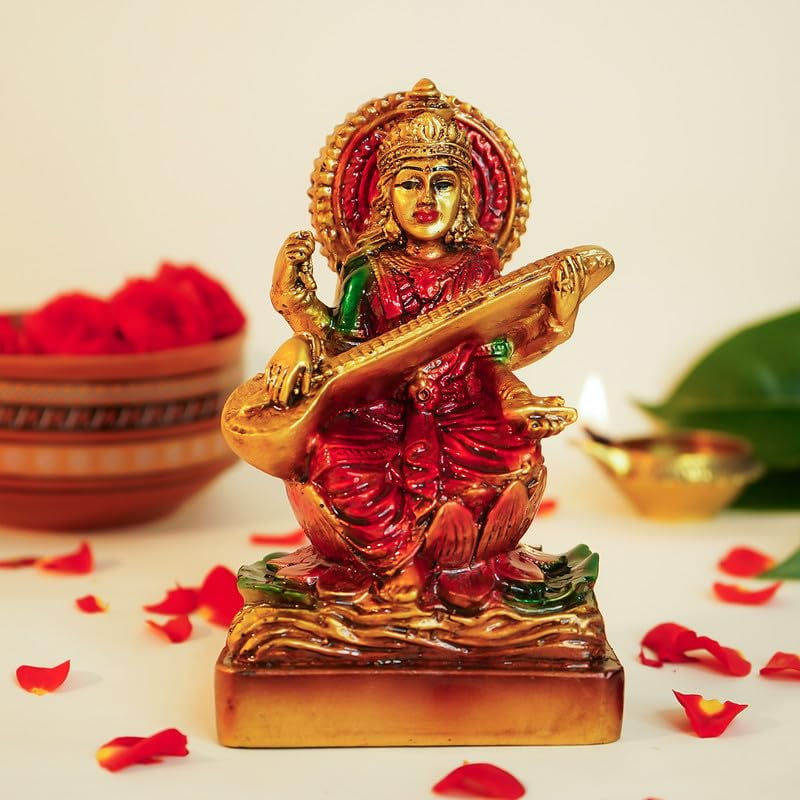 Ekhasa Aura Series Antique Gold Painted Maa Saraswati Idol 5 inch Marble Dust Saraswati Maa ...