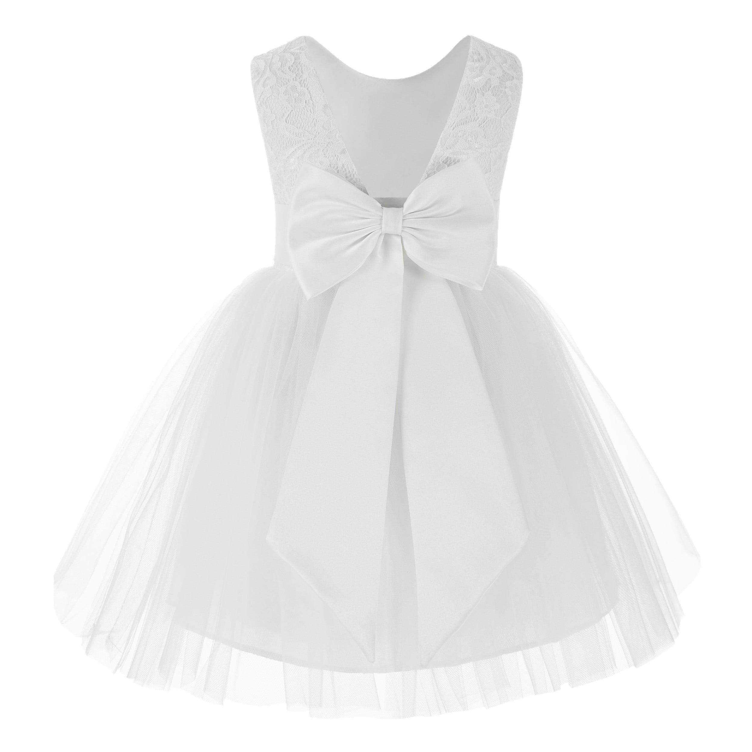 Ekidsbridal Girl Baptism Flower Girl Dress - Knee Length White Lace V-Back Dress with Tiebow ...