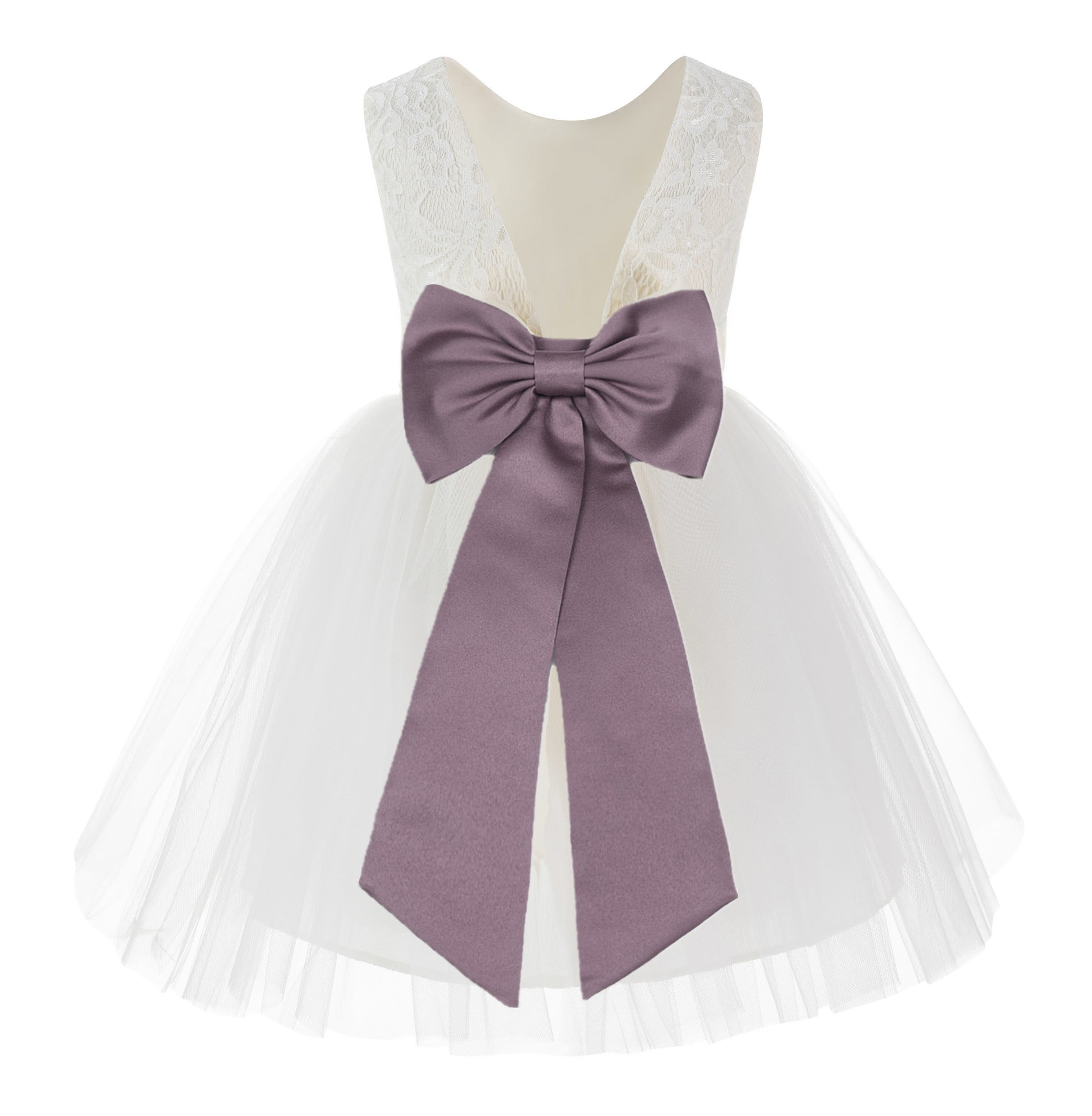 Ekidsbridal Girl Communion Flower Girl Dress - Knee Length Backless Ivory Lace Dress with Tiebow ...