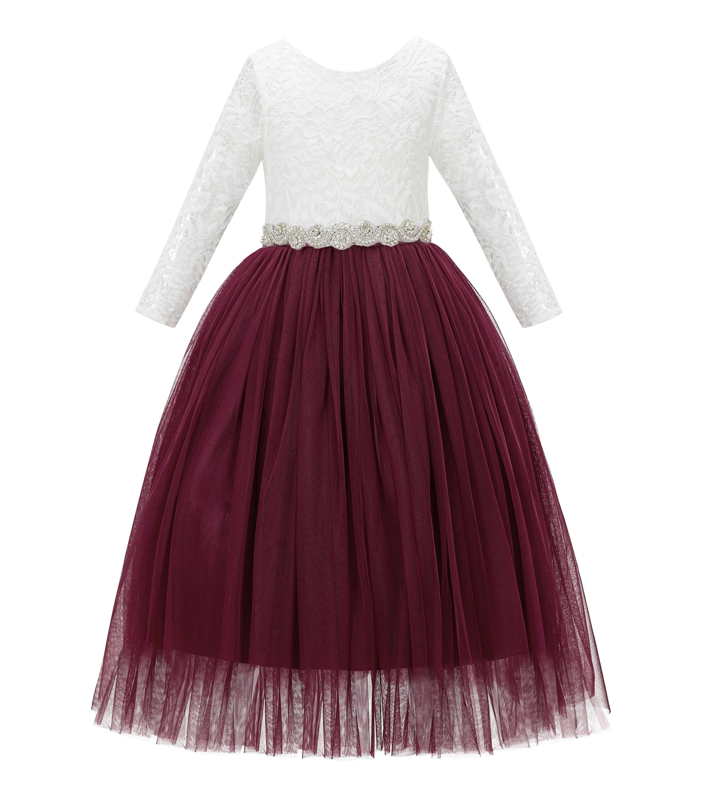 Ekidsbridal Girl Pageant Flower Girl Dress - Long Sleeves V-Back Lace ...