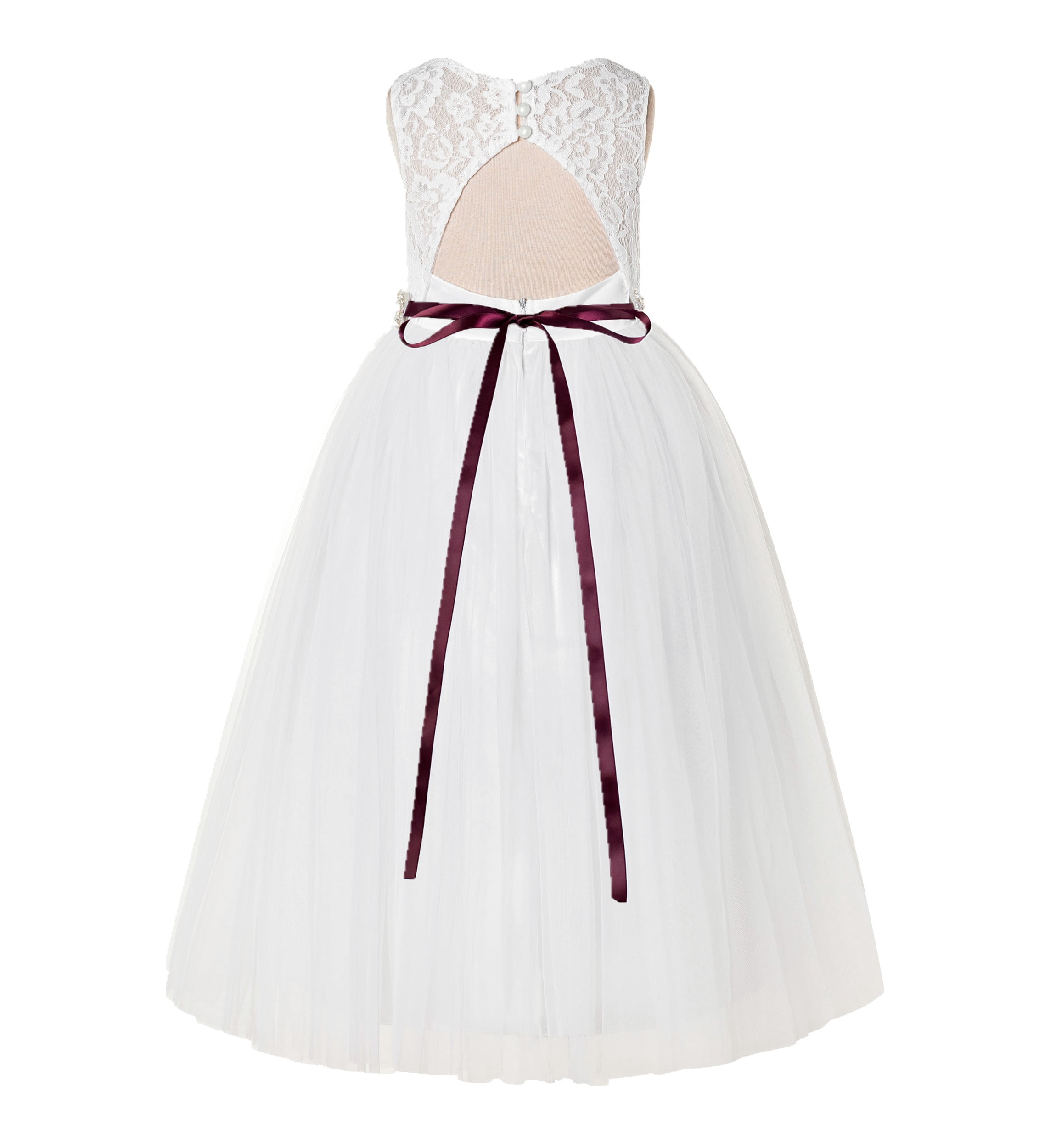 Ekidsbridal Ivory Floral Lace Neck A-Line Keyhole Back Flower Girl ...