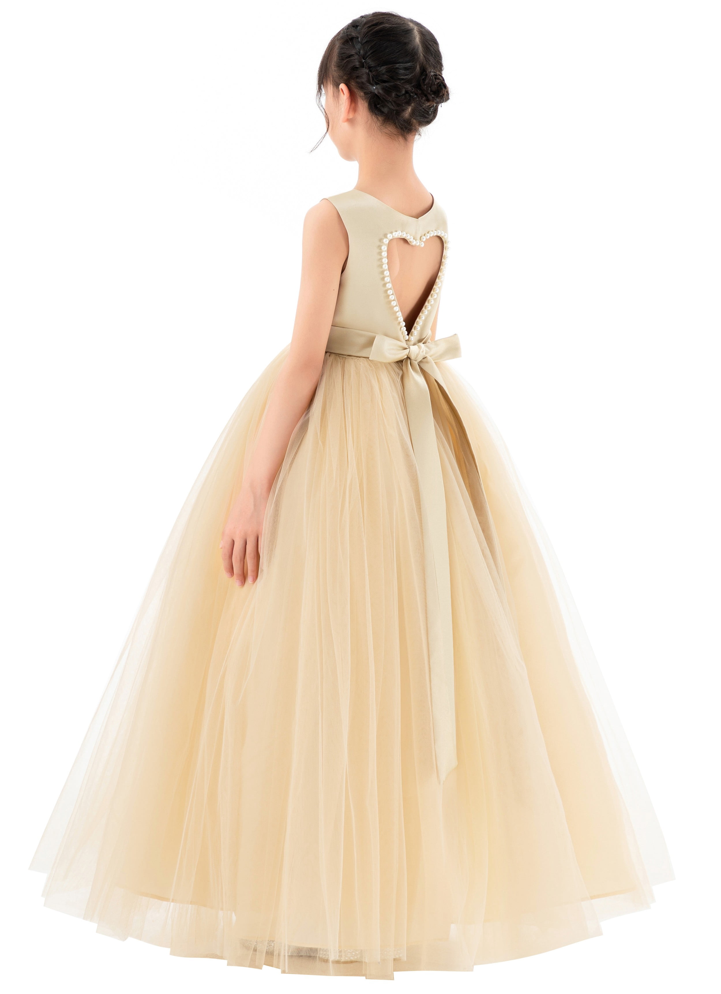 Ekidsbridal Satin Heart Cutout Flower Girl Dress with Pearl Beaded Trim ...