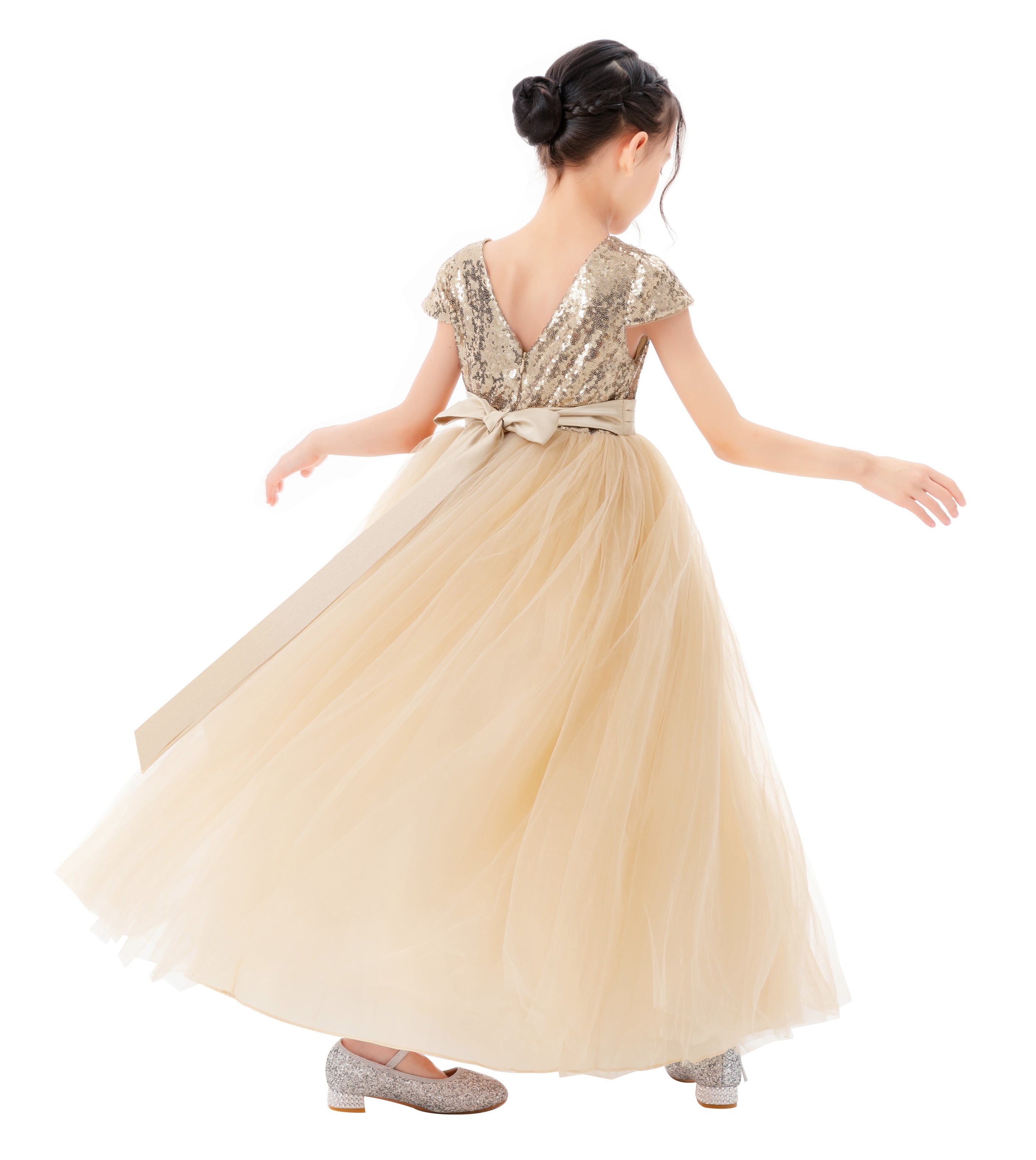 Ekidsbridal Sequins V-Back Cap Sleeves Formal Flower Girl Dress for ...