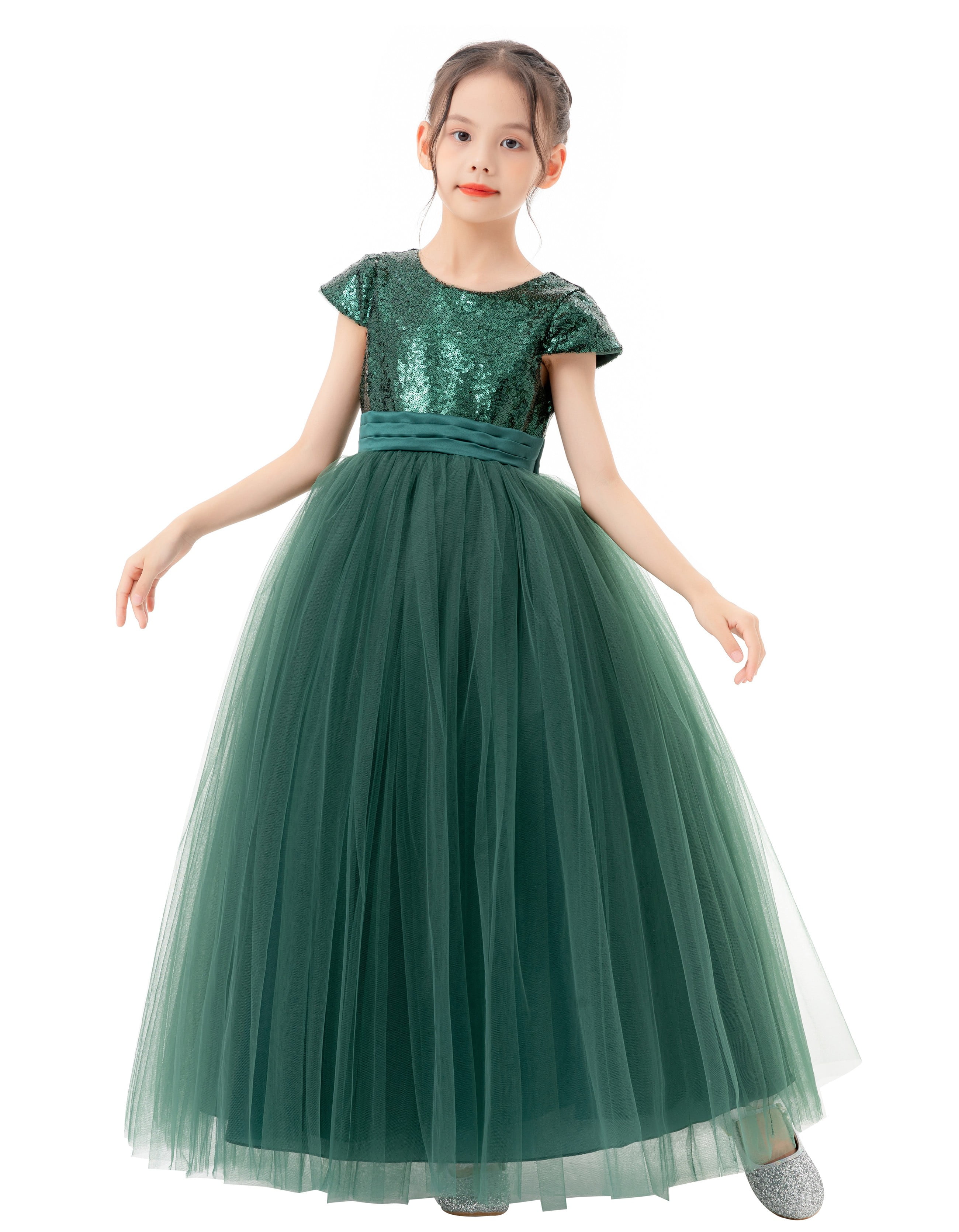 Ekidsbridal Sequins V-Back Cap Sleeves Formal Flower Girl Dress for ...