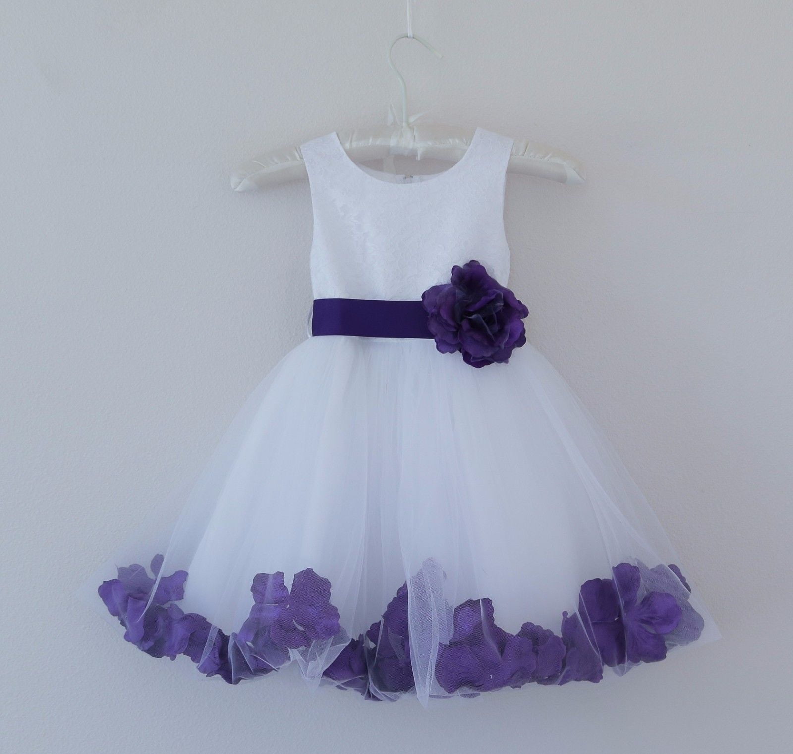 Ekidsbridal White Wedding Pageant Floral Lace Bodice Rose Petal Tulle ...