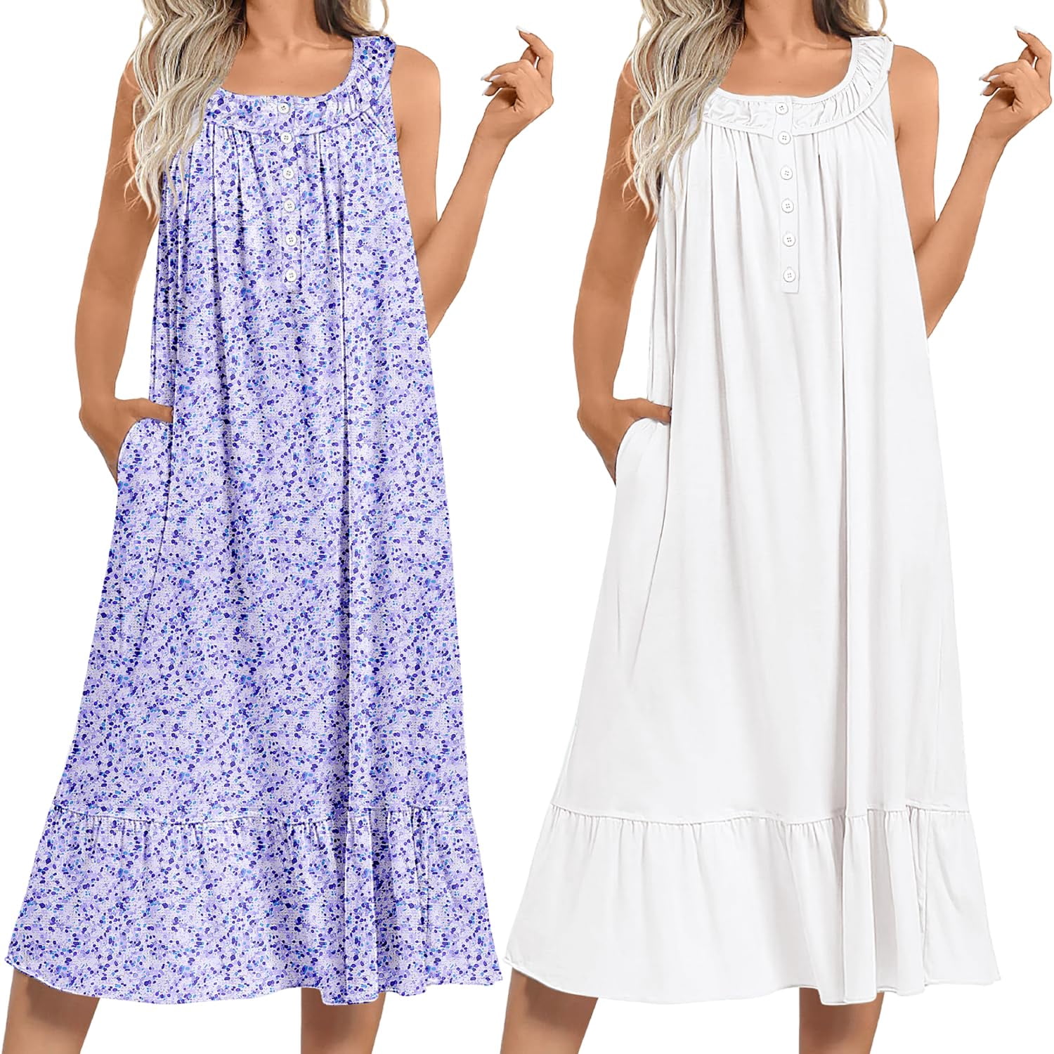 Ekouaer, Nightgown, 2 Pack, Sleeveless Long Victorian with Pockets ...