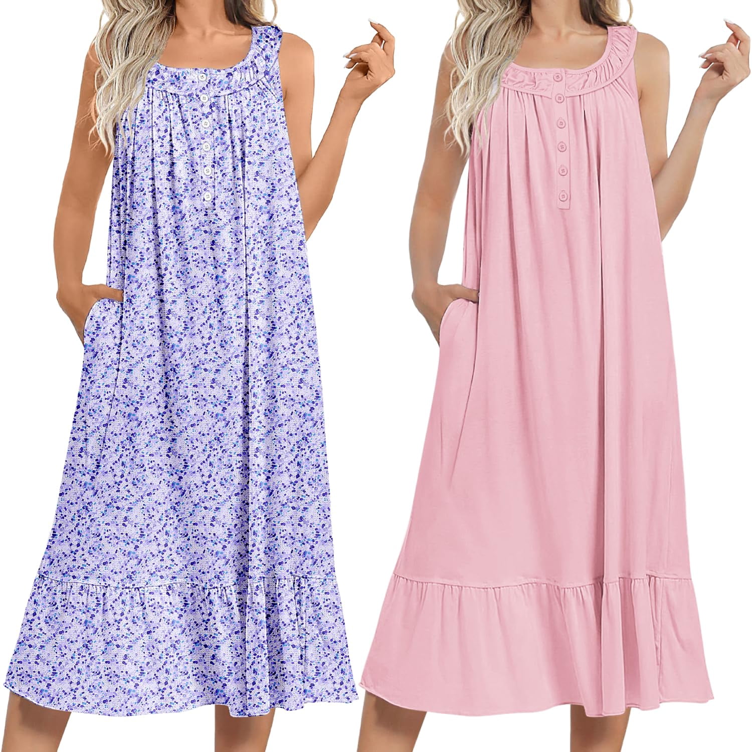 Ekouaer 2 Pack Nightgowns for Women Sleeveless Long Night Gowns ...