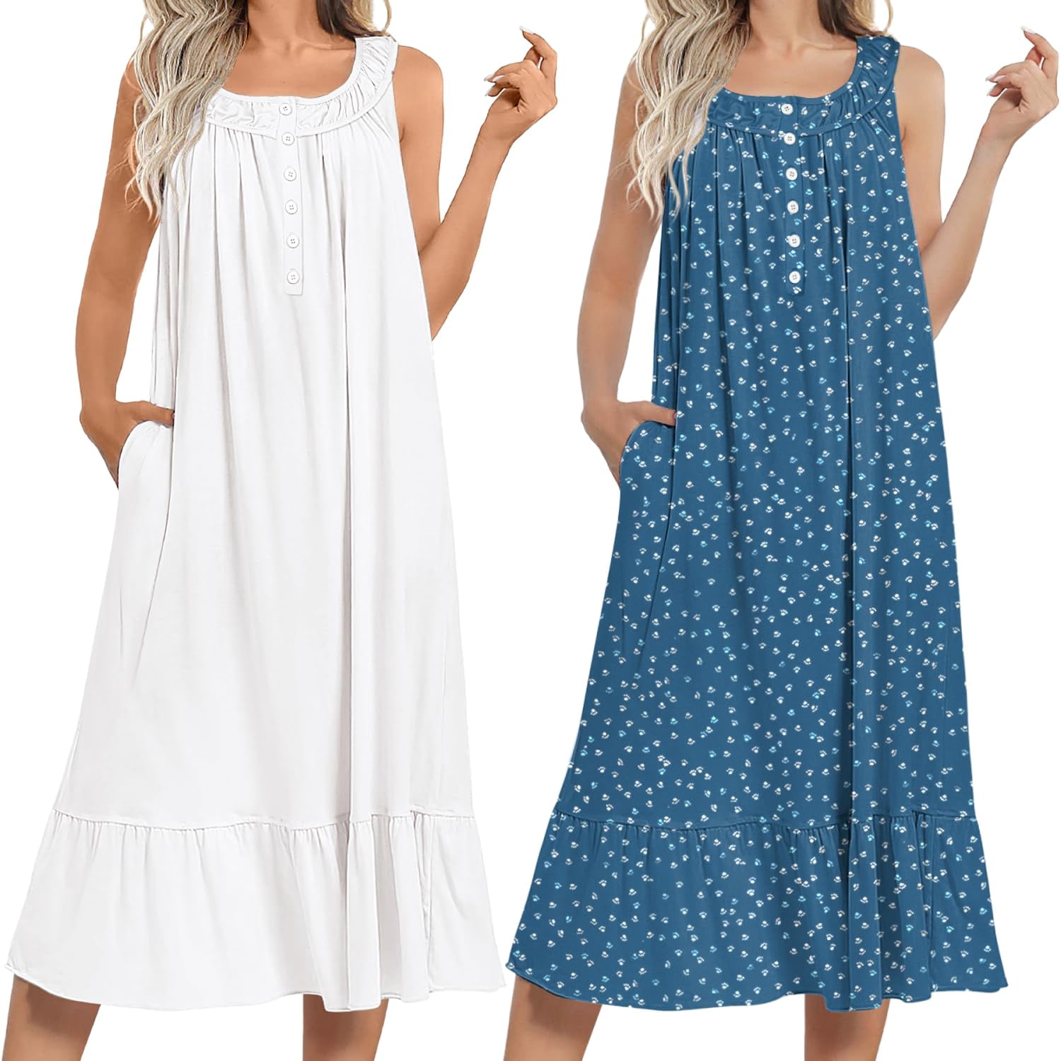 Ekouaer 2 Pack Nightgowns for Women Sleeveless Long Night Gowns ...