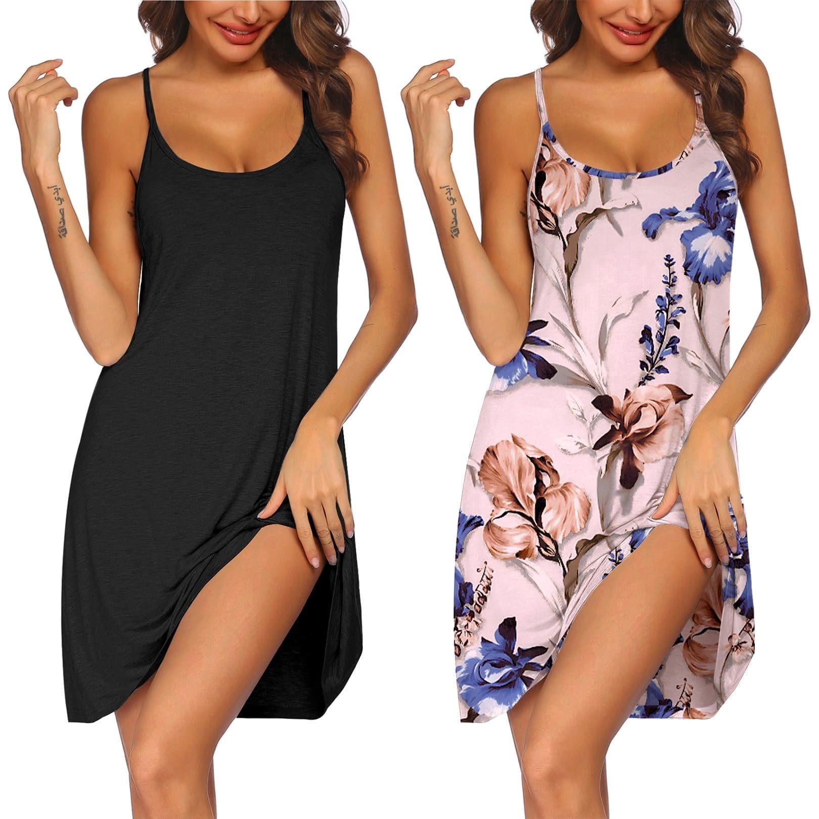 Ekouaer 2 Pack Nightgowns for Women Sleeveless Nighties Spaghetti Strap ...