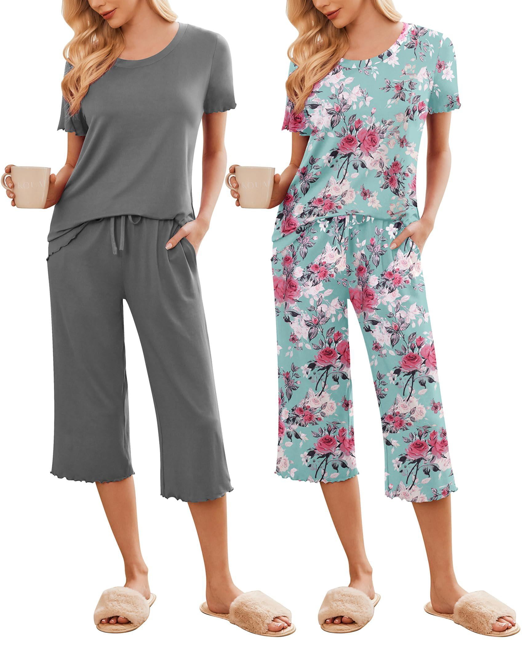 Ekouaer 2 Pack: Women's Set Short Sleeve Pj Top Capri Pants - Pajamas ...