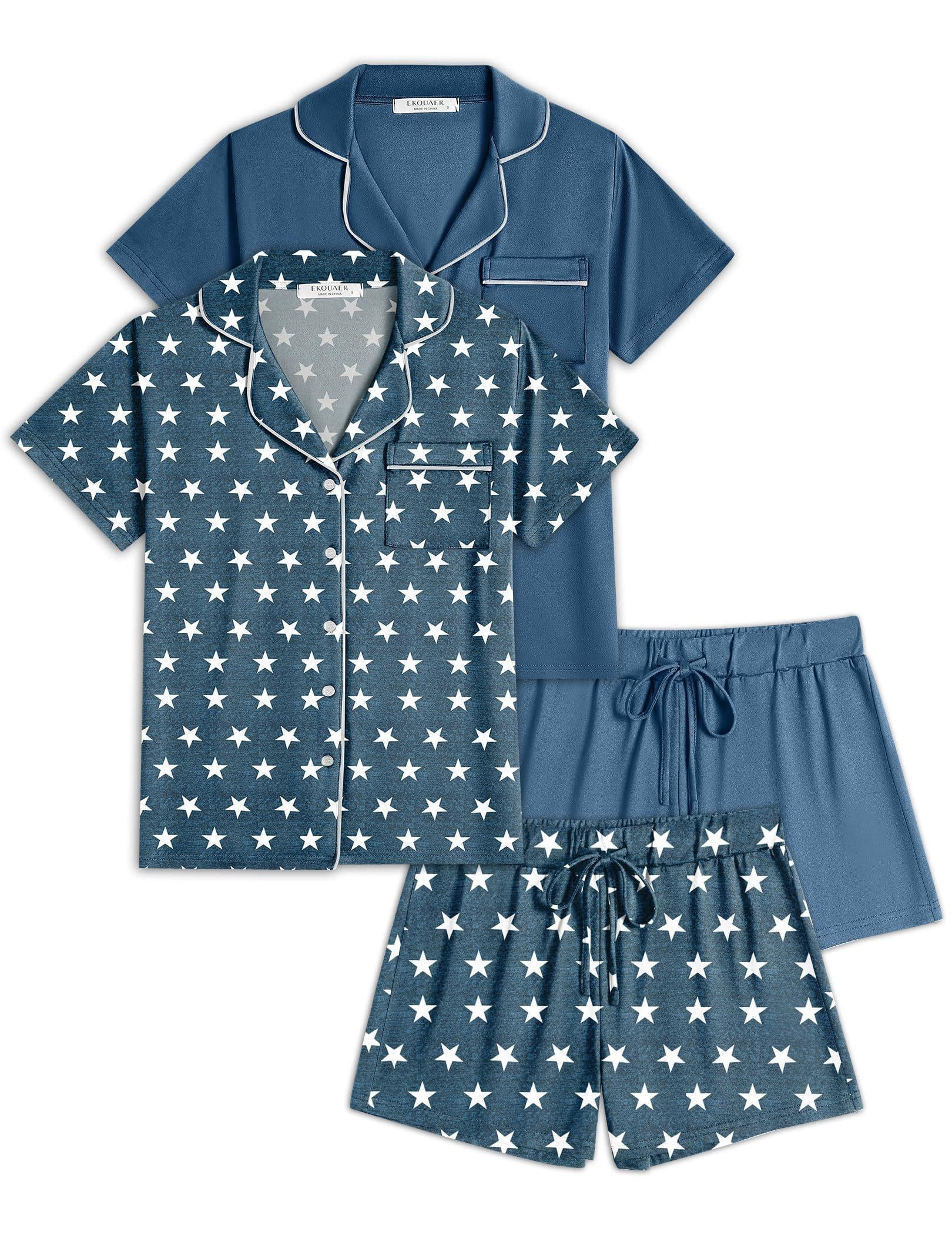 Ekouaer 2 Pack Womens Pajamas Set Button Down Summer Sleepwear Short ...