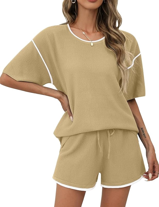 Ekouaer 2 Piece Sets for Women Summer Outfits Casual Short Sleeve Knit ...