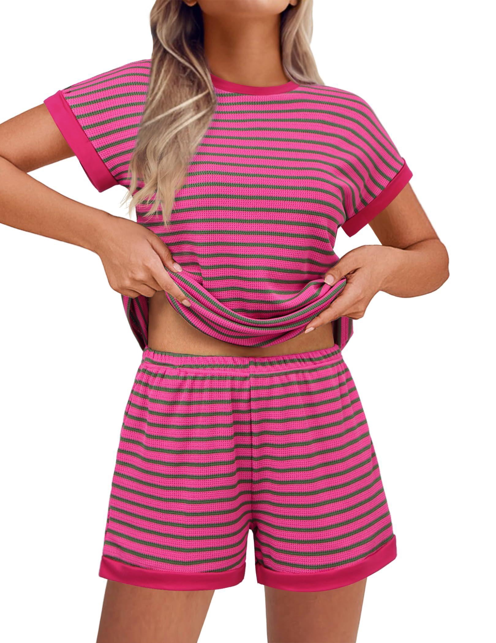 Ekouaer 2 Piece Sets for Women mmer Outfits Cute Stripe Knit T Shirts ...