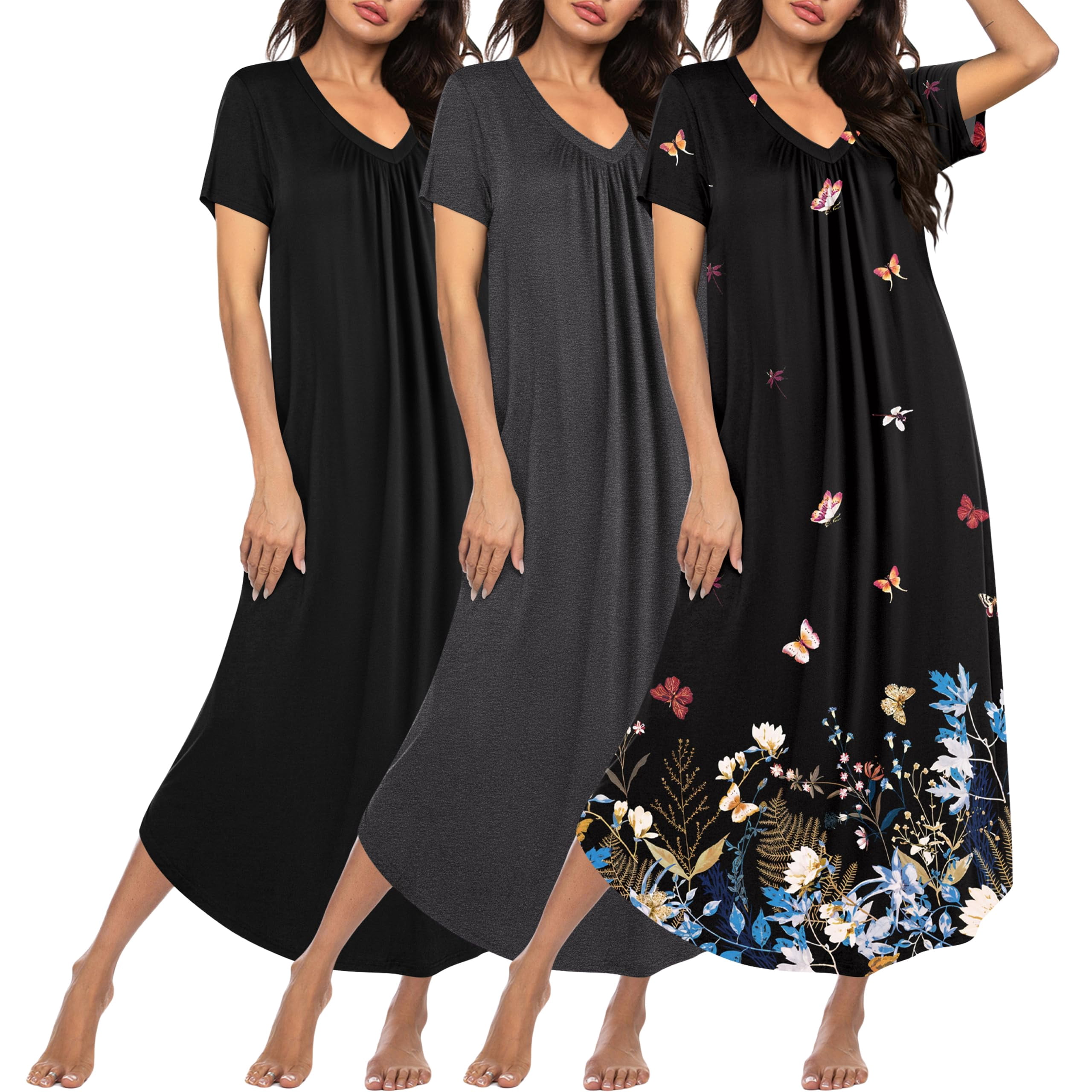 Ekouaer 3 Pack Long Nightgowns for Women Plus Size House Dress Short ...