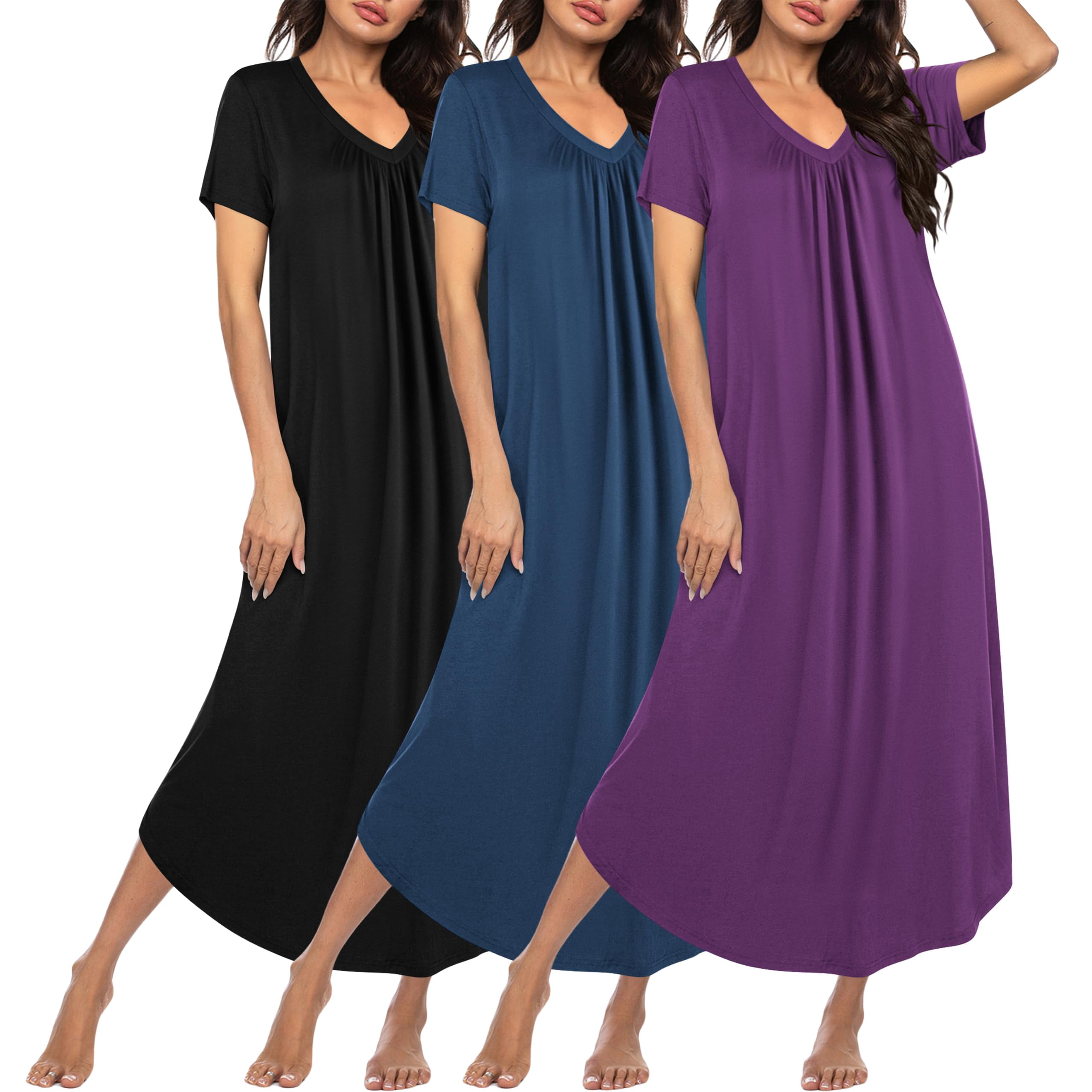 Ekouaer, Long Nightgowns for Women, 3 Pack, Plus Size Casual Sleepwear ...