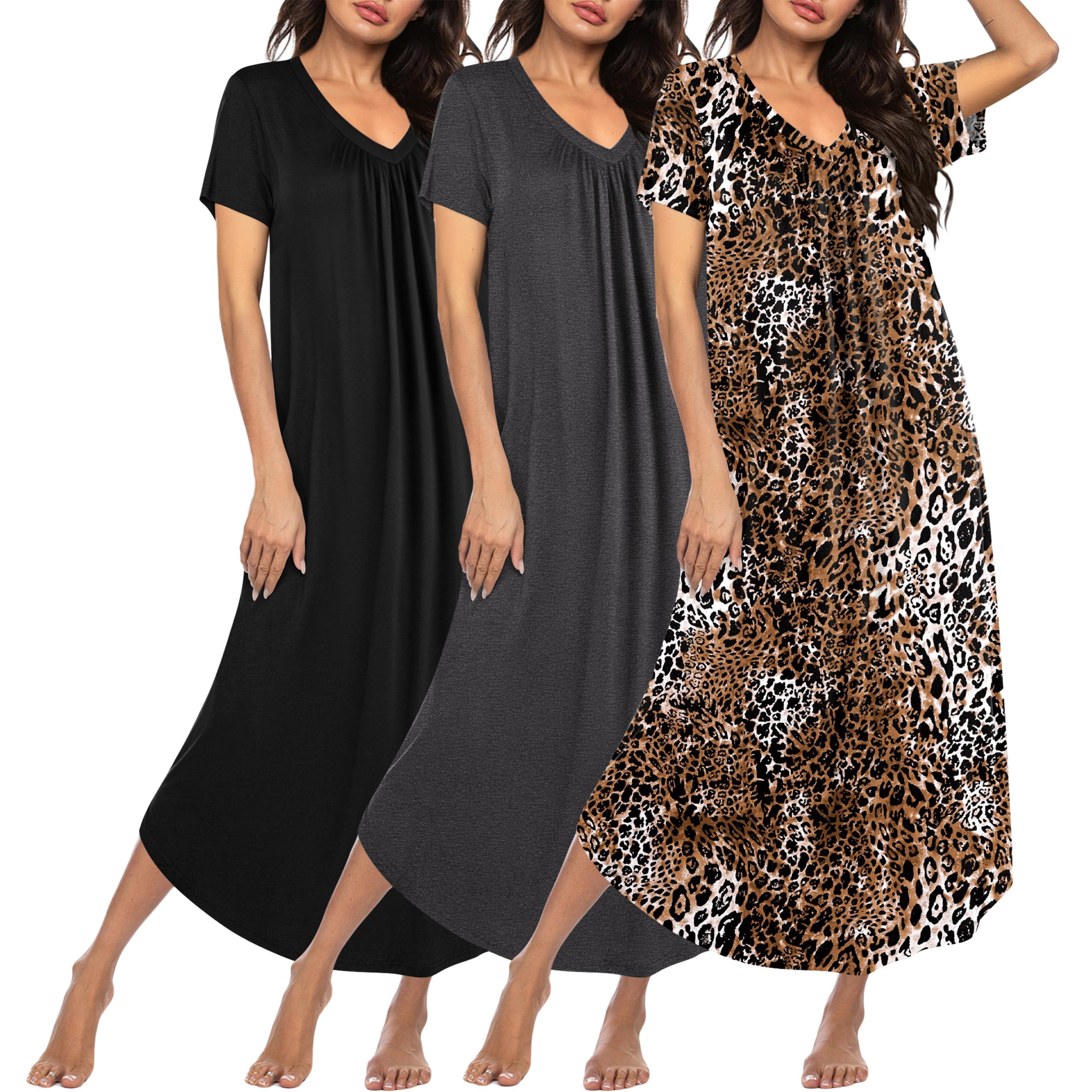 Ekouaer 3 Pack Long Nightgowns for Women Plus Size House Dress Short ...