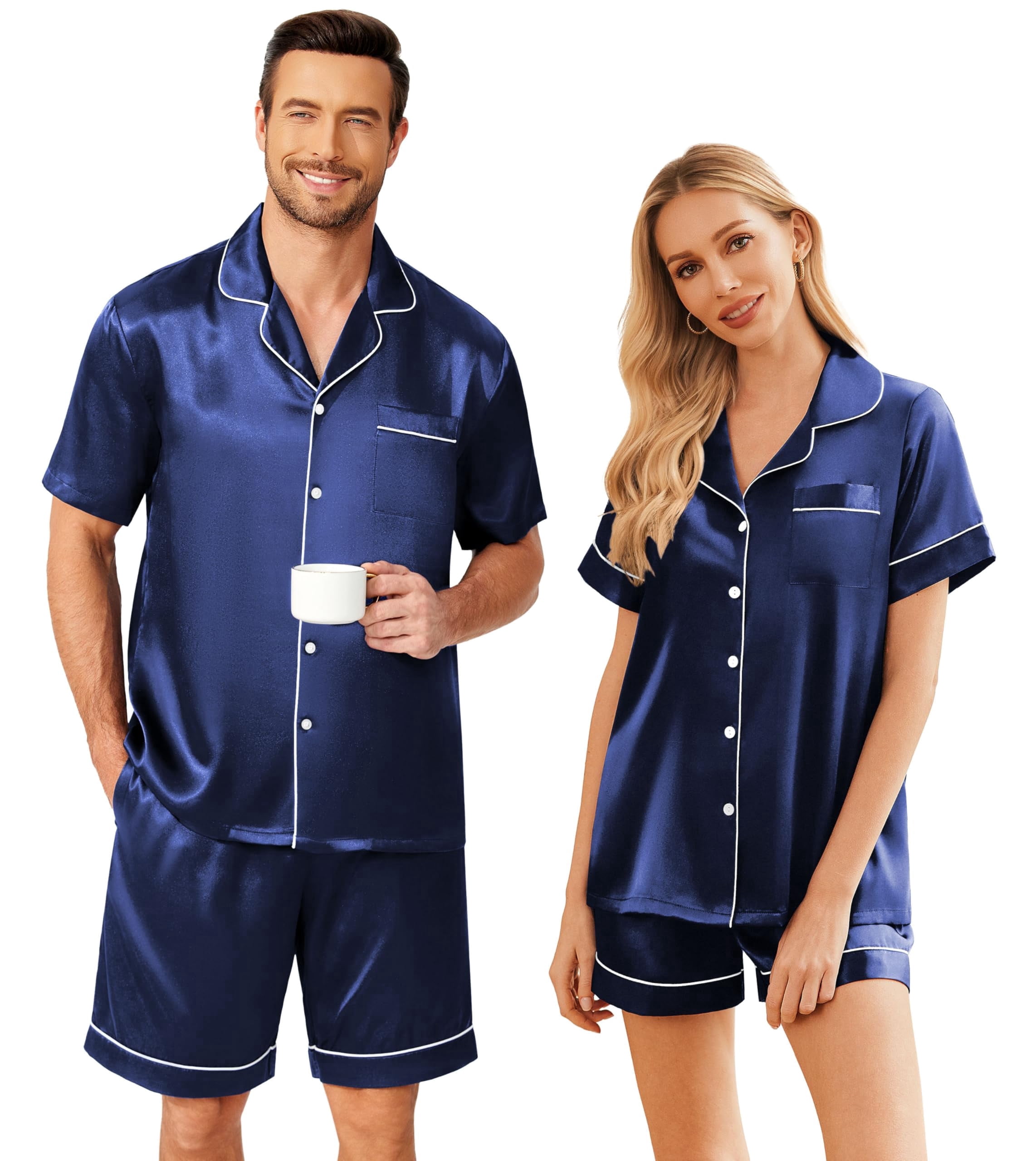 Ekouaer Couple Matching Pajamas Sets Silk Short Sleeve Button Down ...