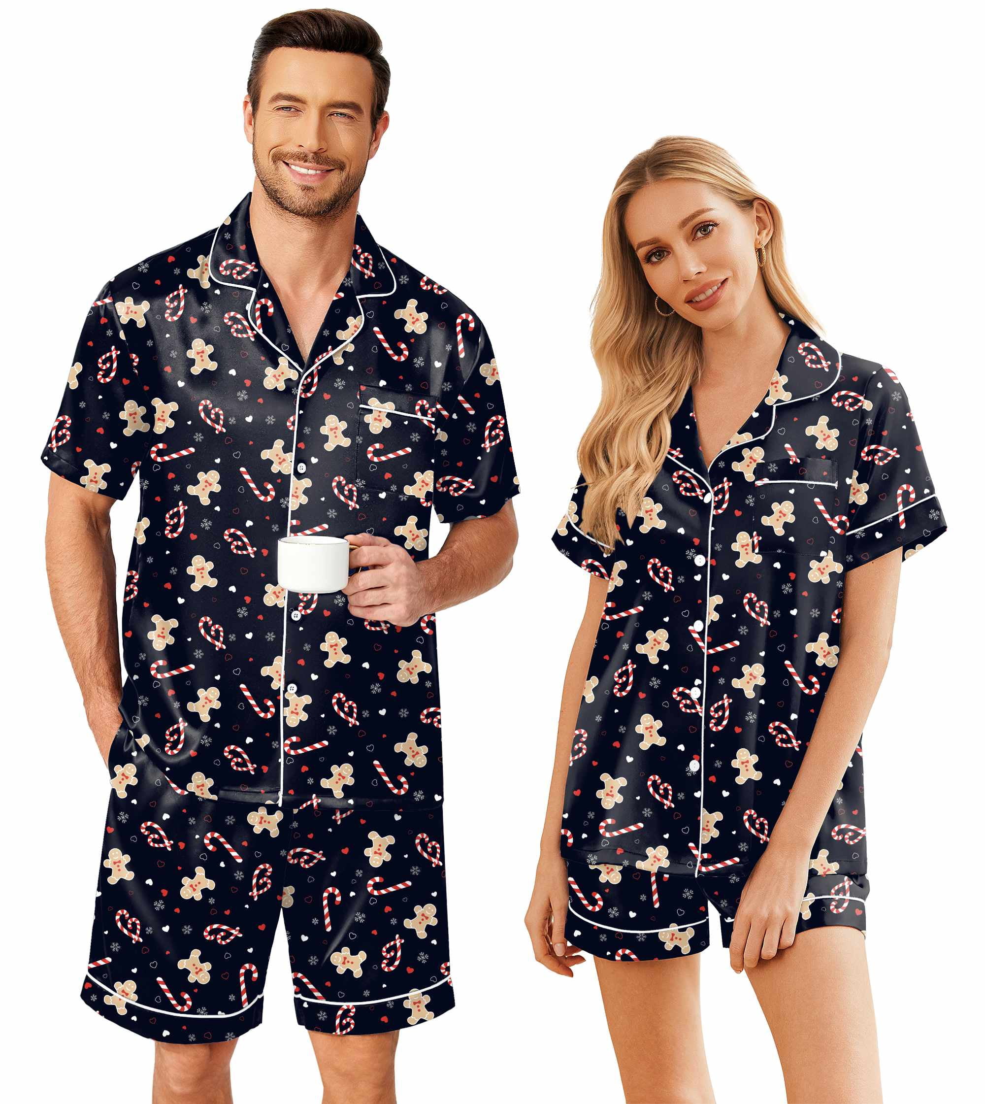 Ekouaer Couple Matching Pajamas Sets Silk Short Sleeve Button Down ...