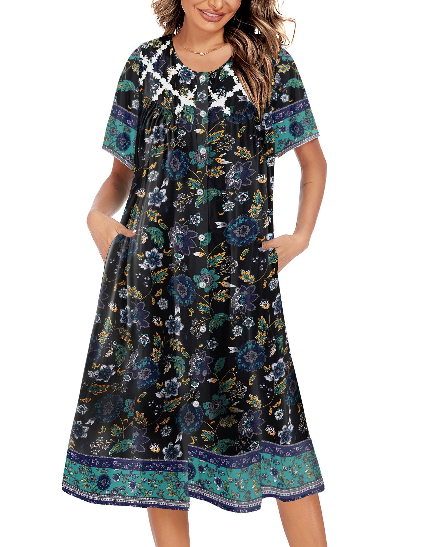 Ekouaer House Dress for Women Button Down Nightgown Short Sleeve ...
