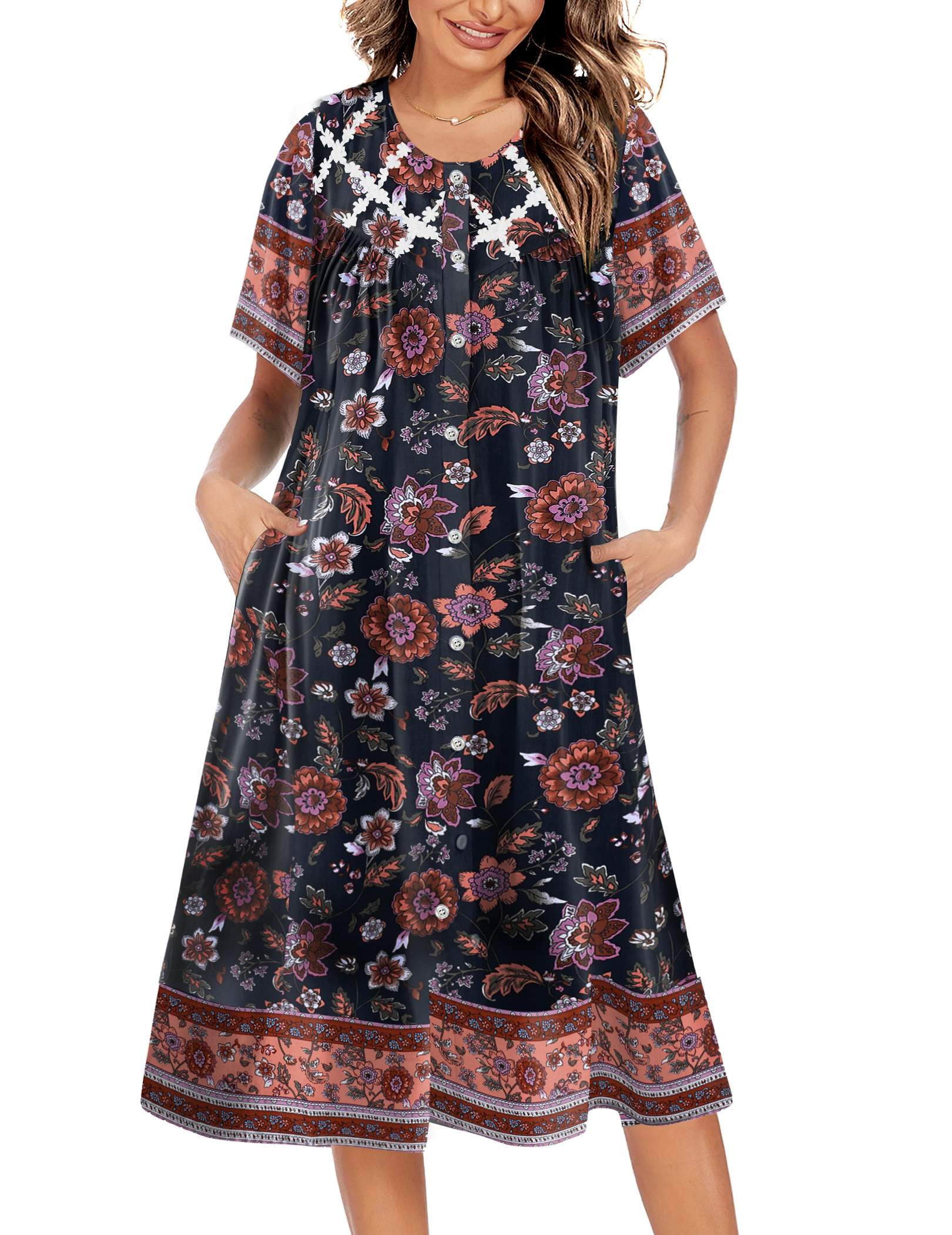 Ekouaer House Dress for Women Button Down Nightgown Short Sleeve ...