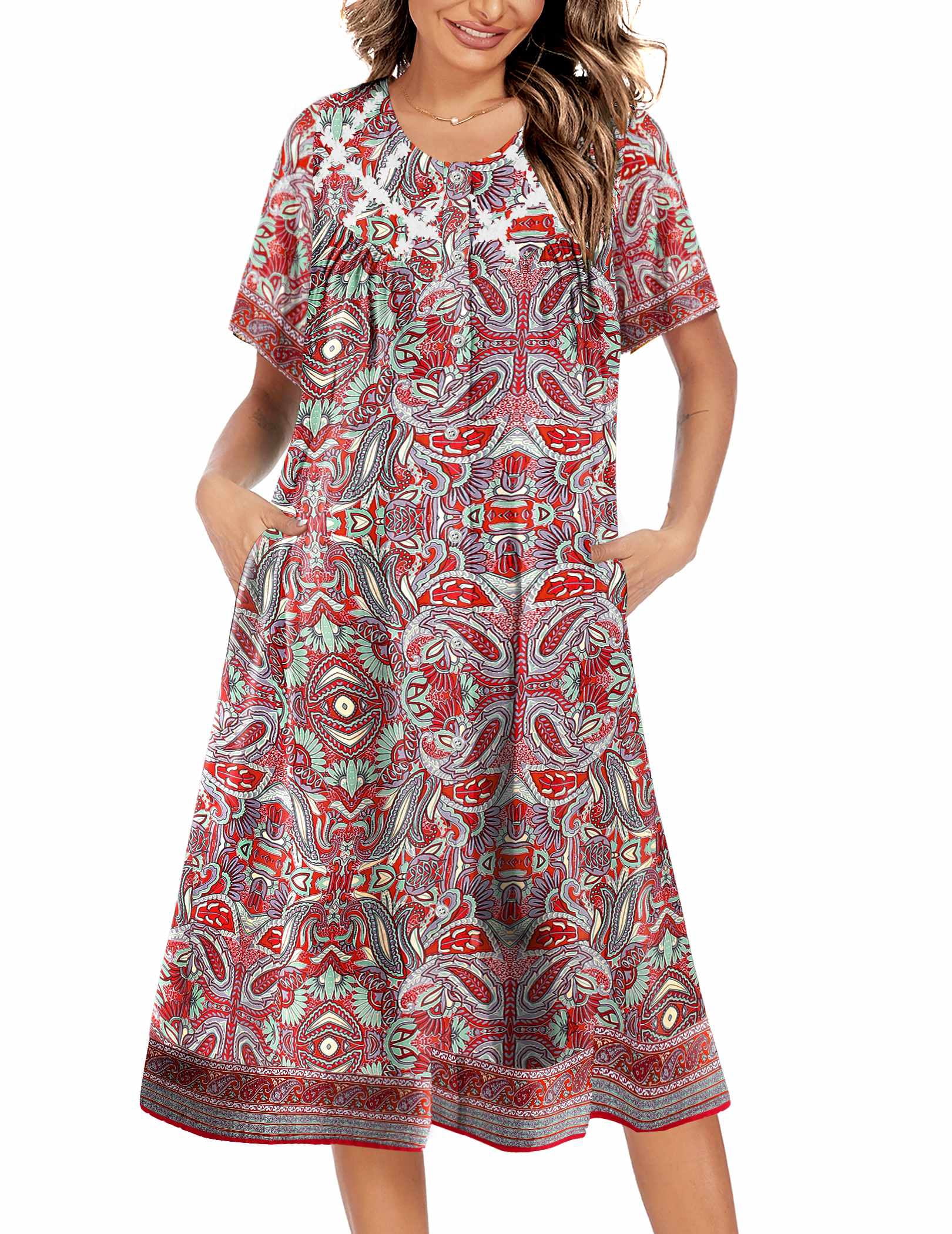 Ekouaer House Dress for Women Button Down Nightgown Short Sleeve ...