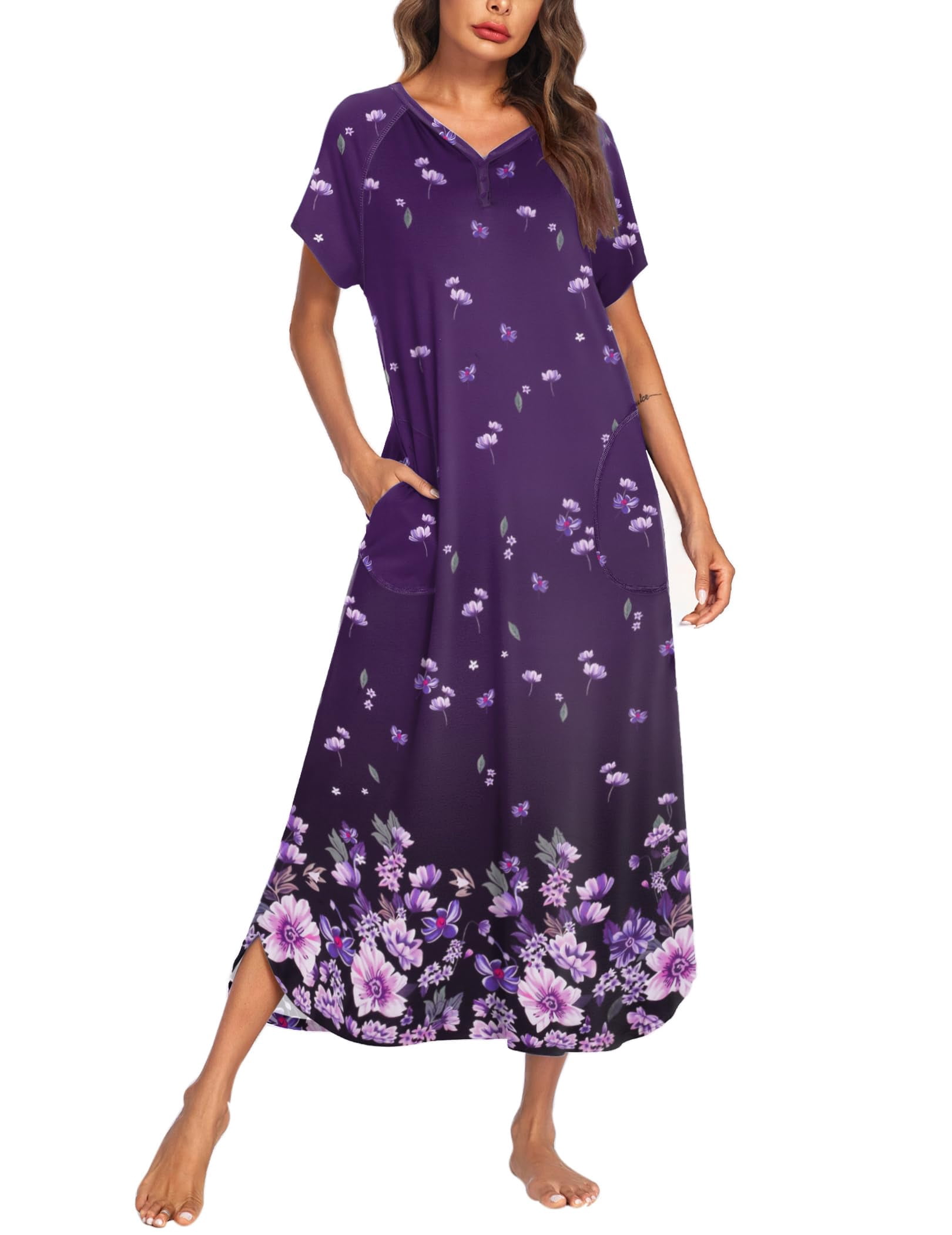 Ekouaer Long Nightgown Women's Loungewear Short Sleeve Sleepwear Full ...