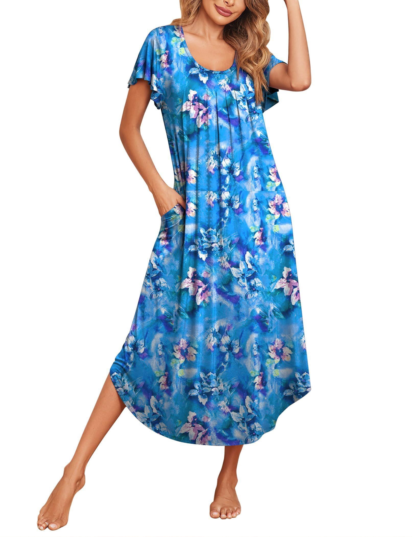 Ekouaer Long Nightgowns for Women with Pockets Short Sleeves Moo Moos ...