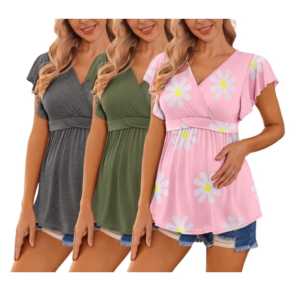 Ekouaer Maternity Shirts 3 Packs Flying Short Sleeve Nursing Tops ...
