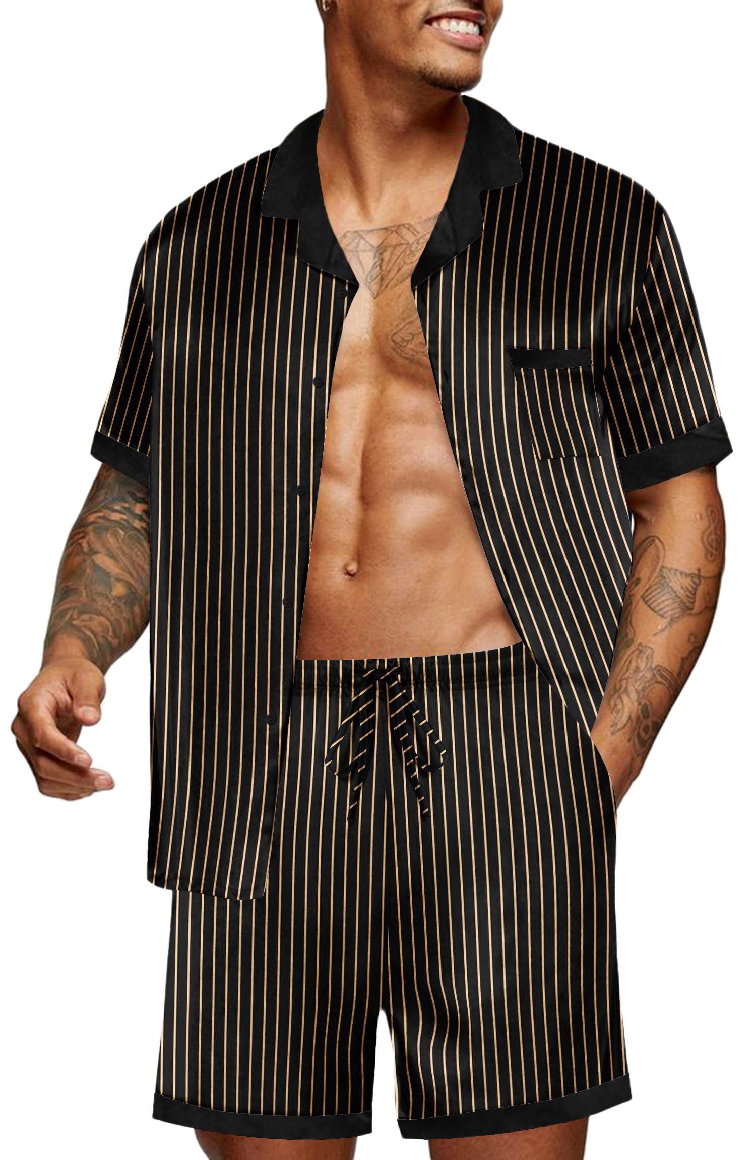 Ekouaer Men Satin Silk Pajamas Set with Pockets Sleepwear Shorts Satin ...