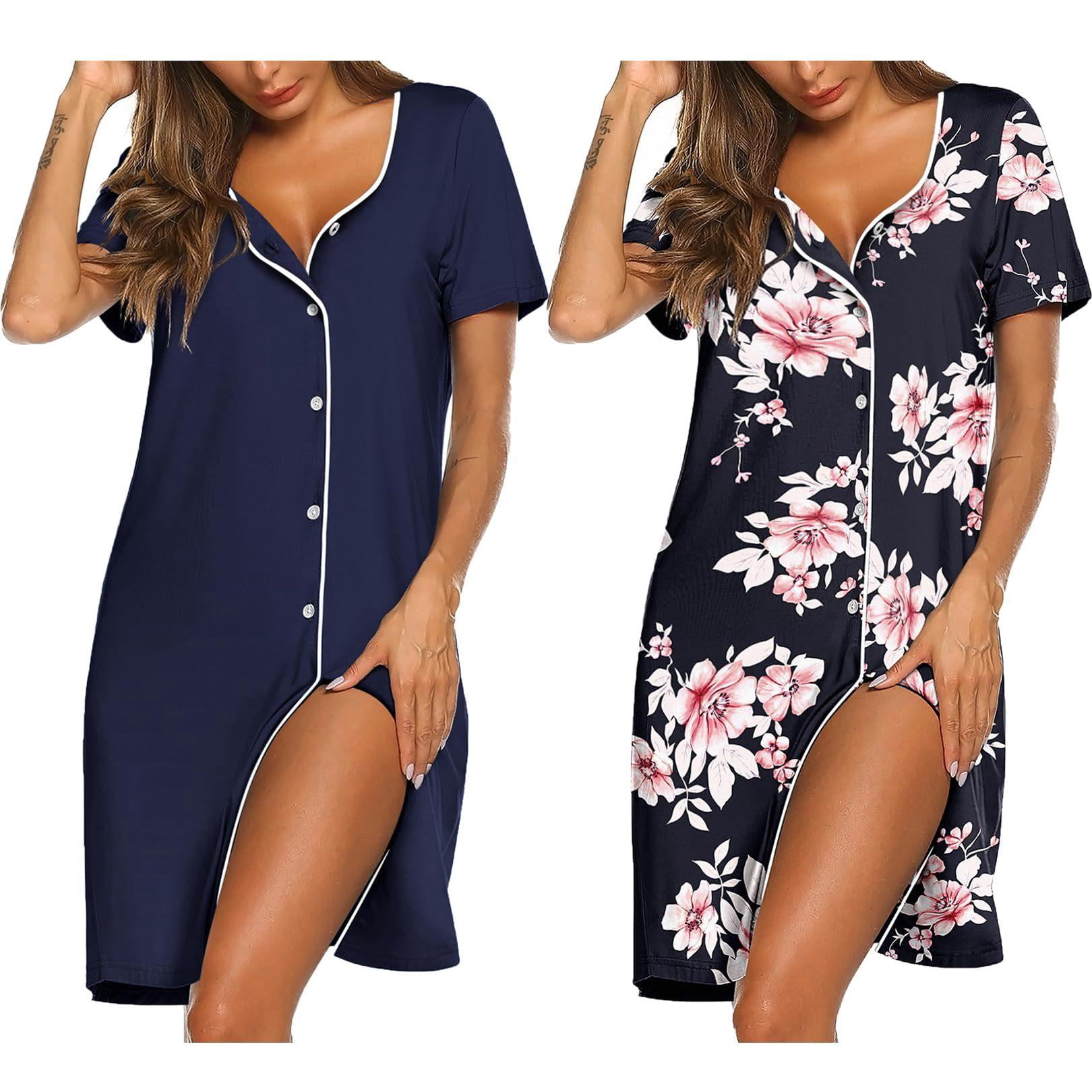 Ekouaer Nightgowns for Women 2 Pack Button Down Sleepshirt Short Sleeve ...