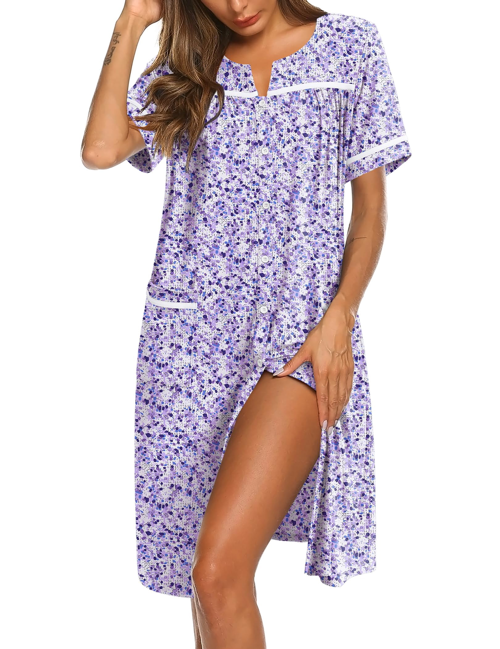 Ekouaer Nightgowns for Women Cotton House Dress with Pockets Button ...