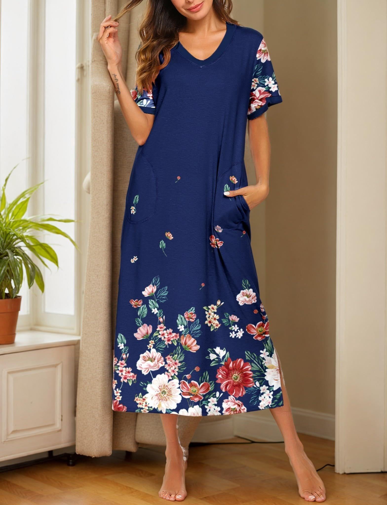 Ekouaer Nightgowns for Women Long Night Shirts Short Sleeve Night Dress ...