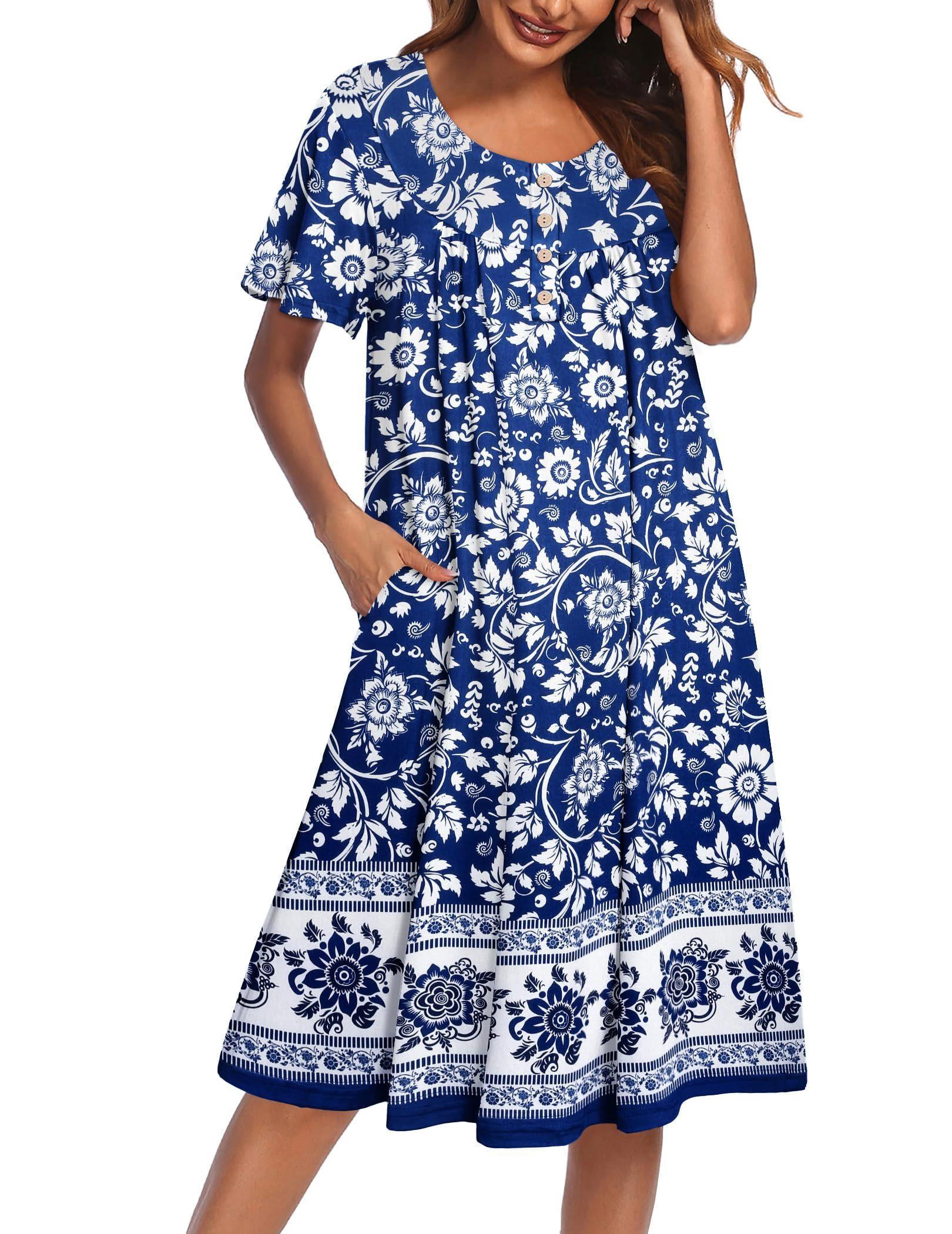 Ekouaer Nightgowns for Women Short Sleeve House Dress with Pockets ...
