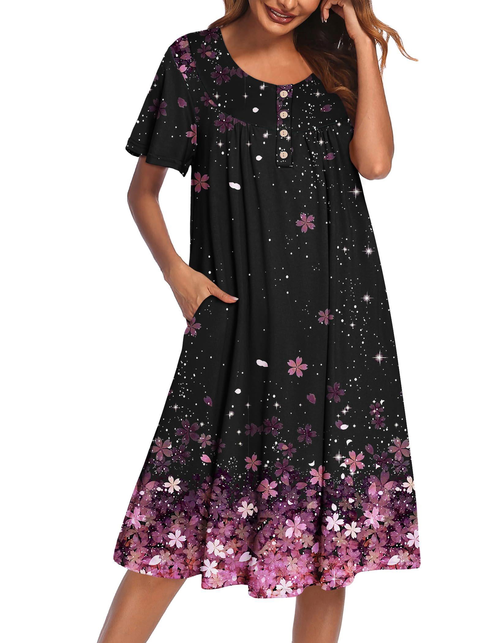Ekouaer Nightgowns for Women Short Sleeve House Dress with Pockets ...