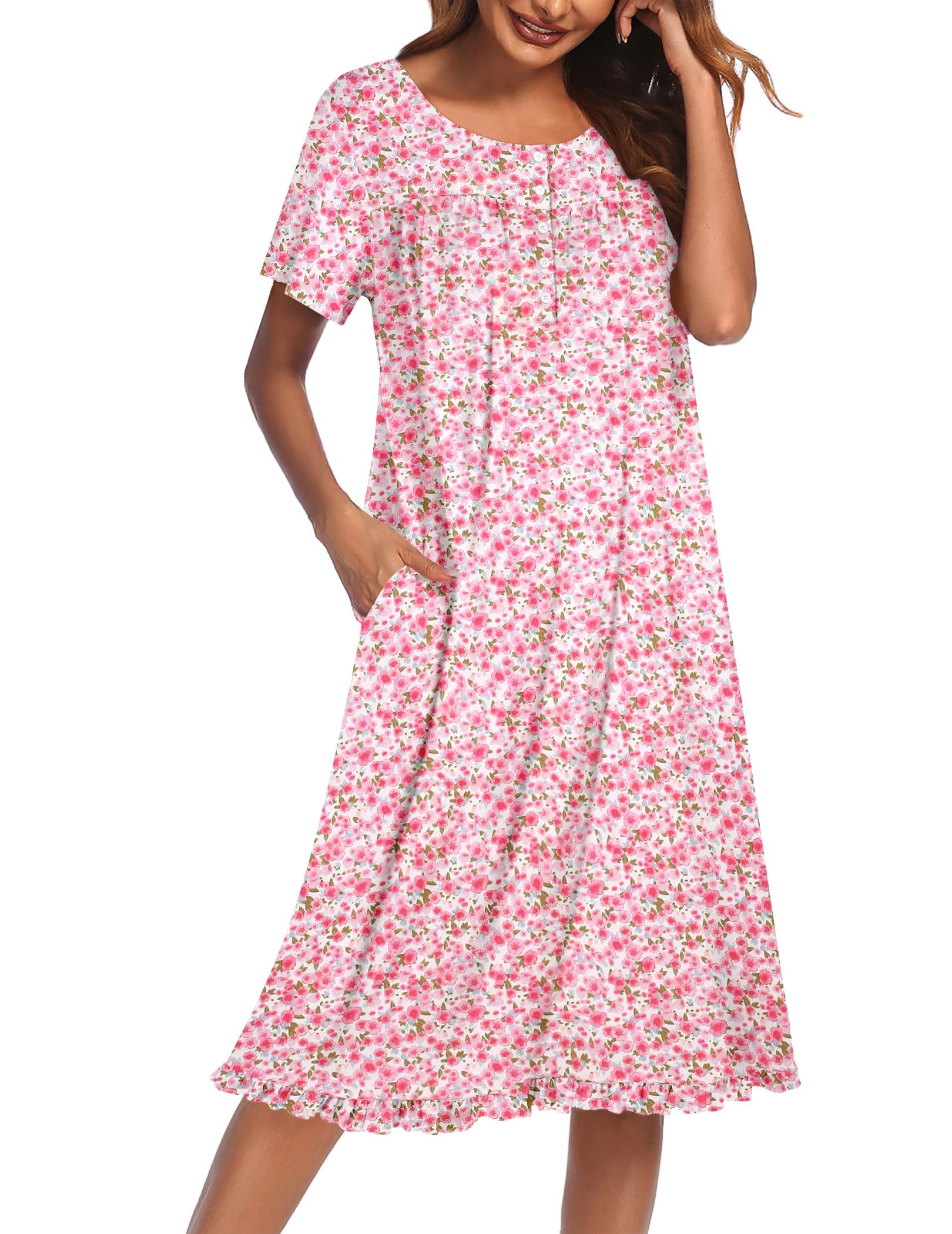 Ekouaer Nightgowns for Women with Pockets Button Front Short Sleeve ...