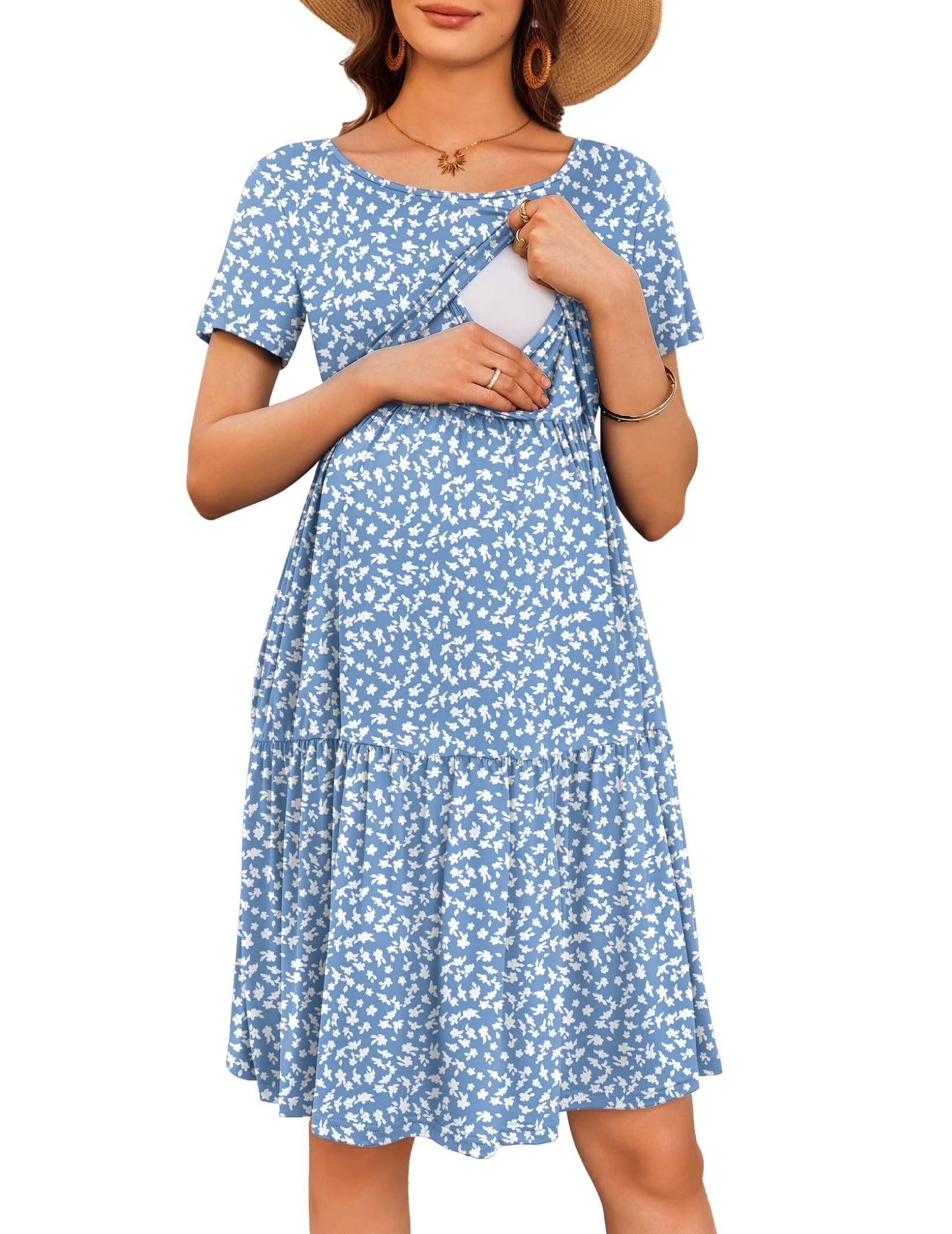 Ekouaer Nursing Dress Summer Short Sleeve Breastfeeding Casual Knee ...
