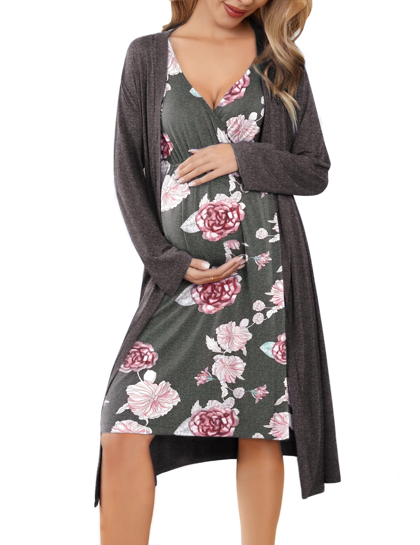 Ekouaer Nursing Gown and Robe Set Floral Maternity Nightgowns Nursing ...