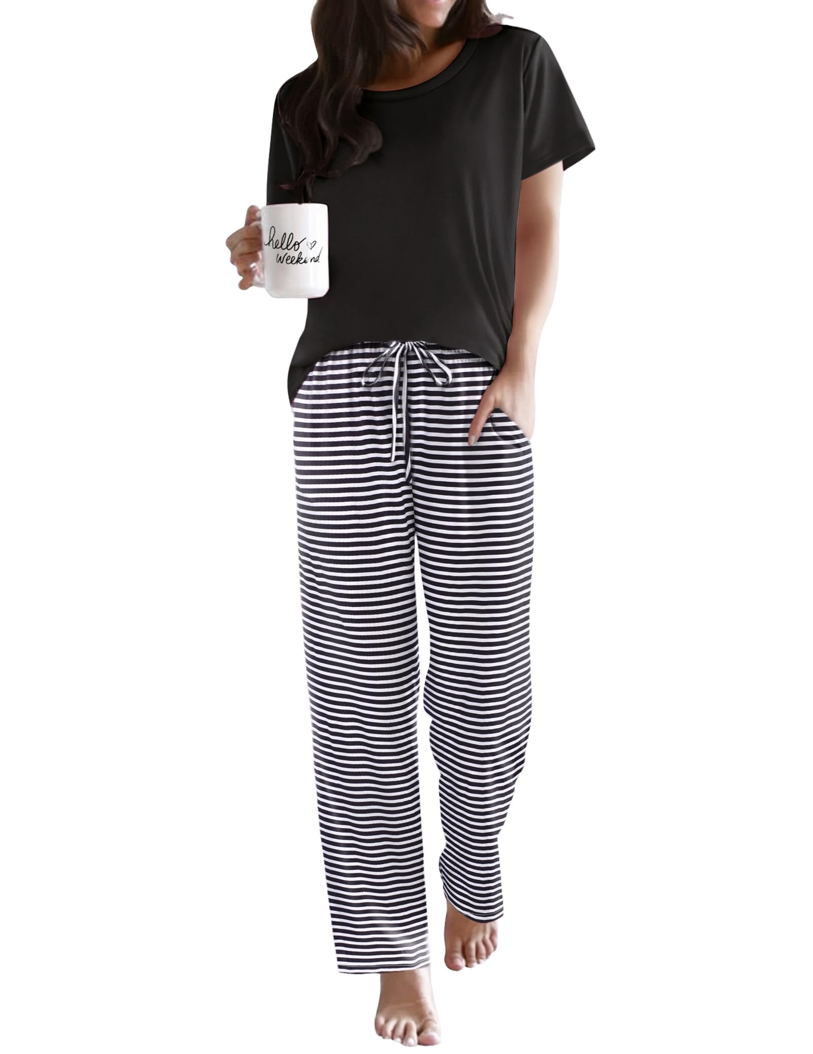 Ekouaer Pajama Sets for Women Round Neck Pjs Short Sleeve Sleepwear ...