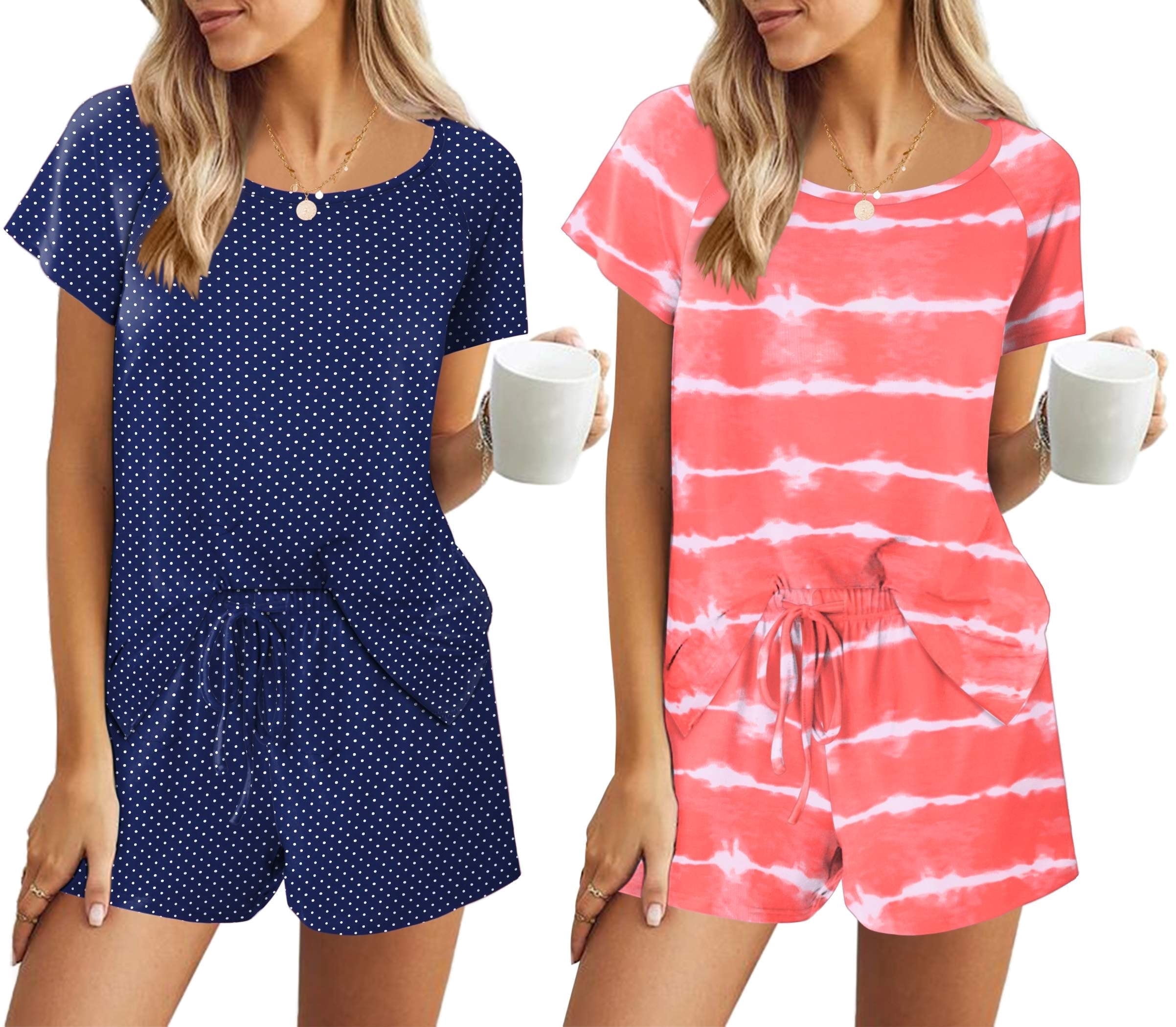 Ekouaer Pajama Shorts Set Womens Comfy Short Sleepwear Crew Neck Pj Top ...
