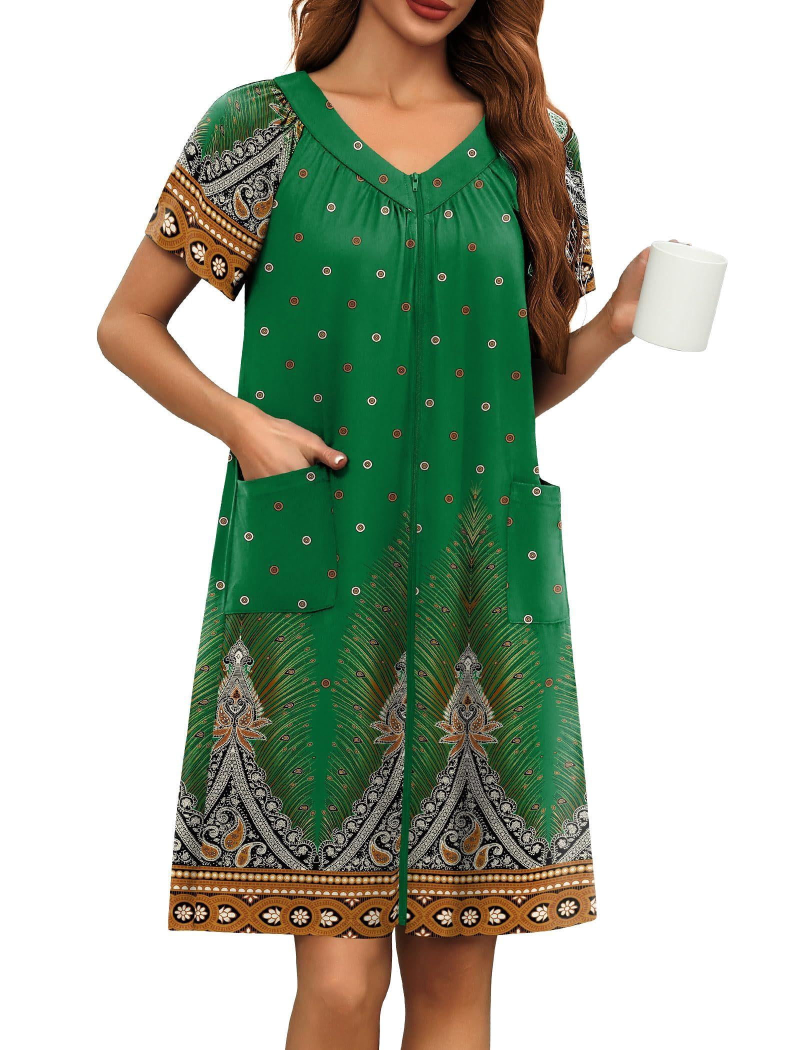 Ekouaer Robe for Women Short Zipper Floral Print Bathrobe Short Sleeve ...