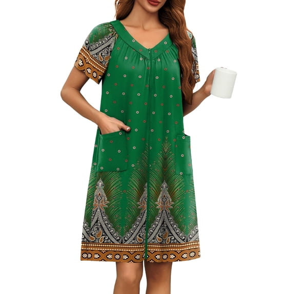 Ekouaer Robe for Women Short Zipper Floral Print Bathrobe Short Sleeve ...