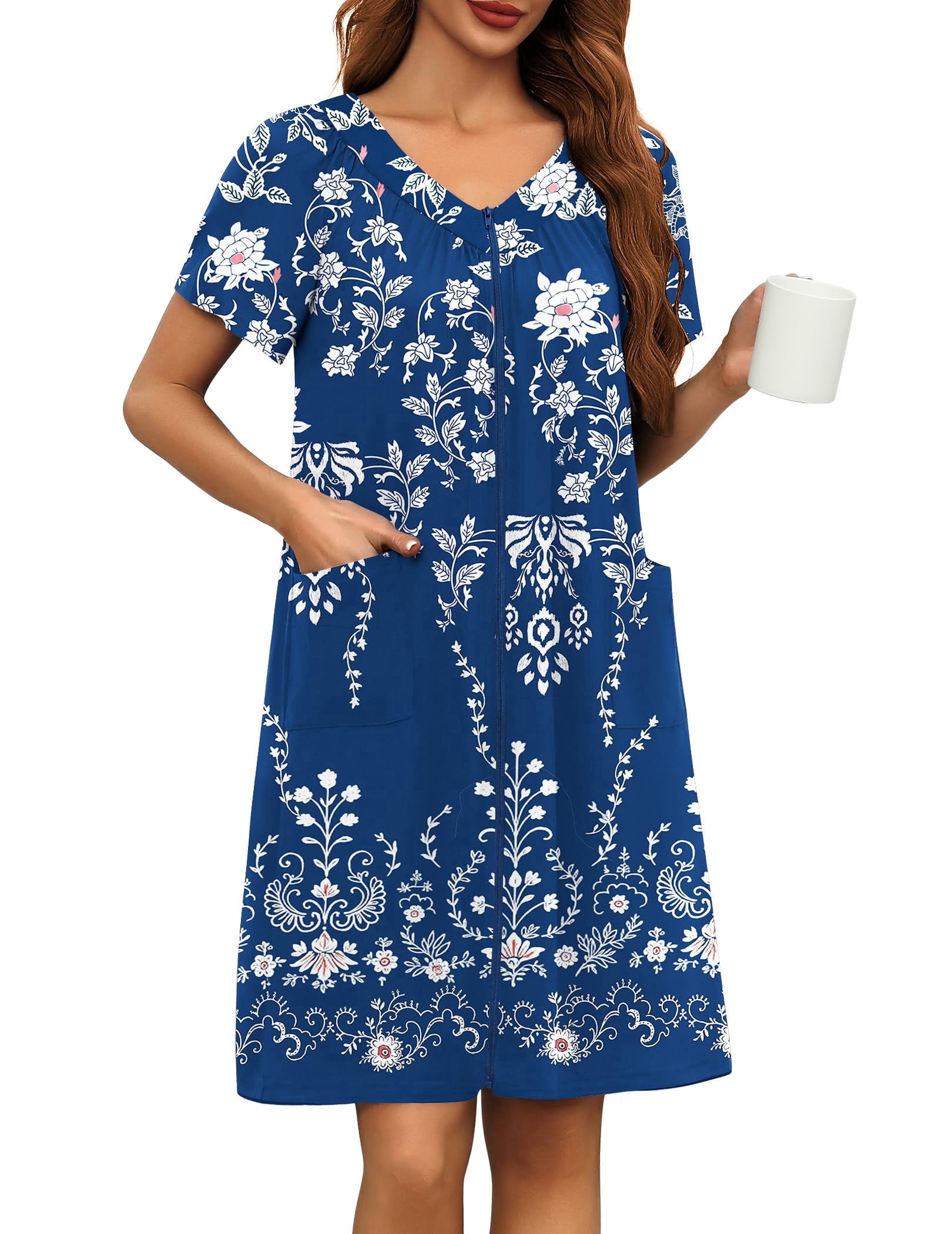 Ekouaer Robe for Women Short Zipper Floral Print Bathrobe Short Sleeve ...