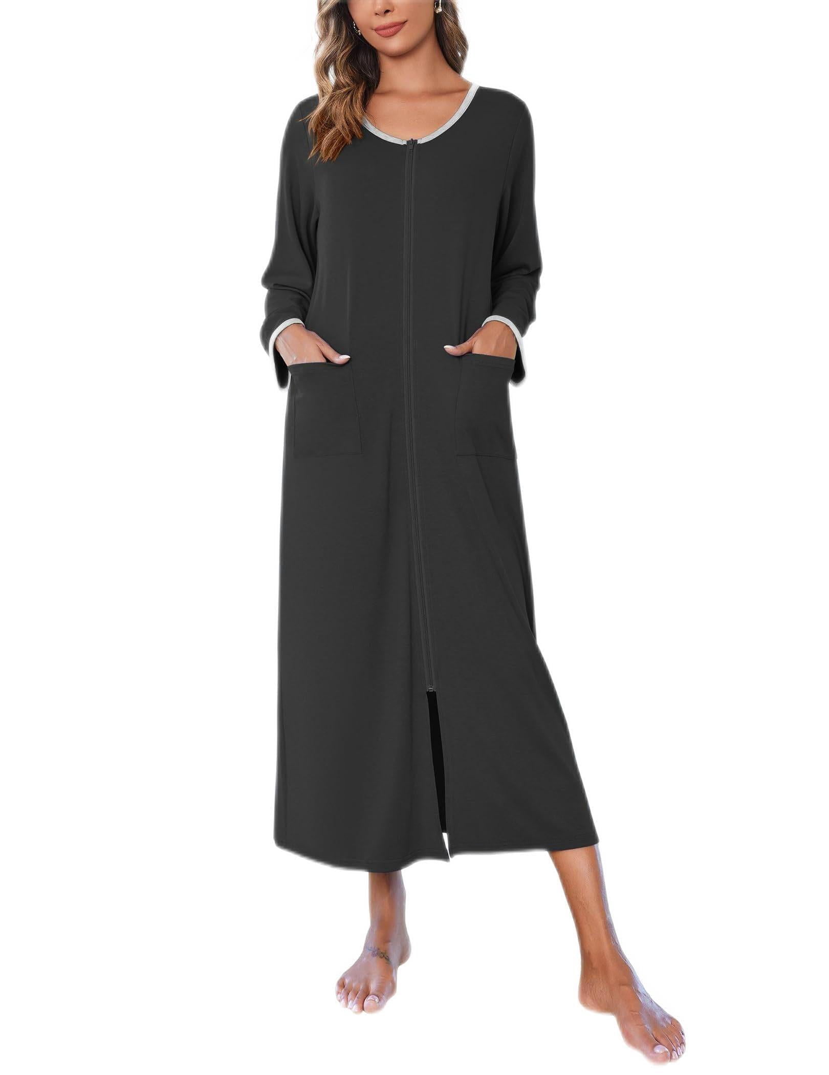 Ekouaer Women Long House Coat Zipper Front Robes Full Length Nightgowns ...