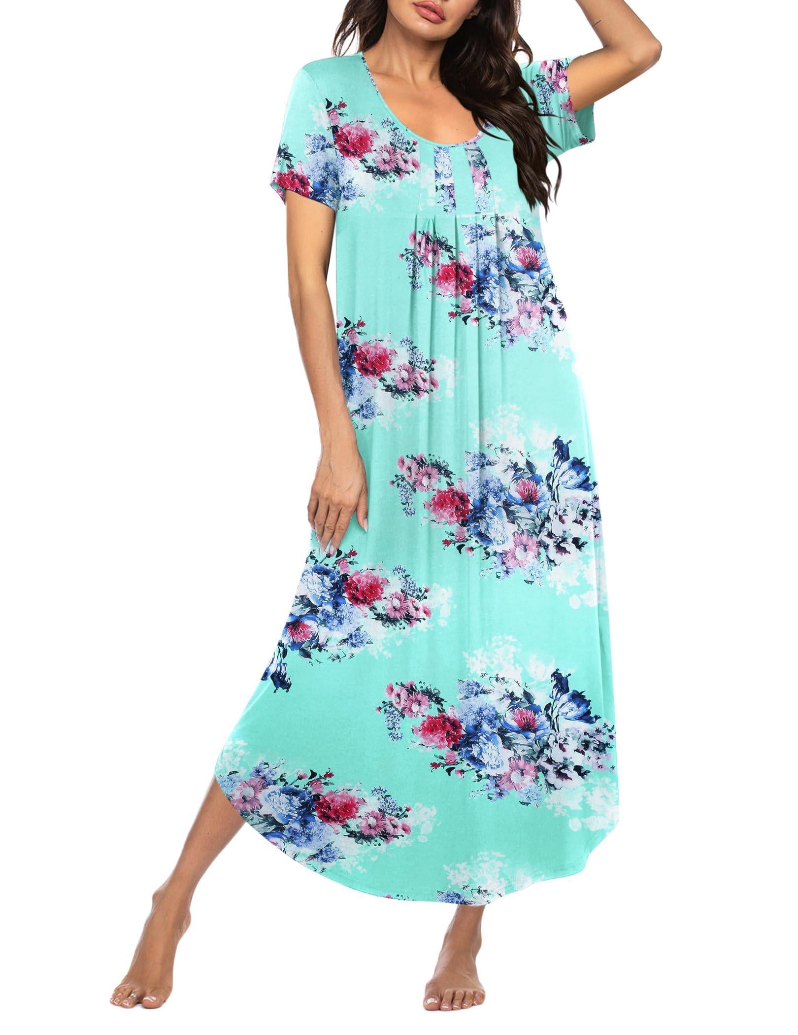 Ekouaer Women Nightgown Plus Size Flower Nightdress with Pockets ...