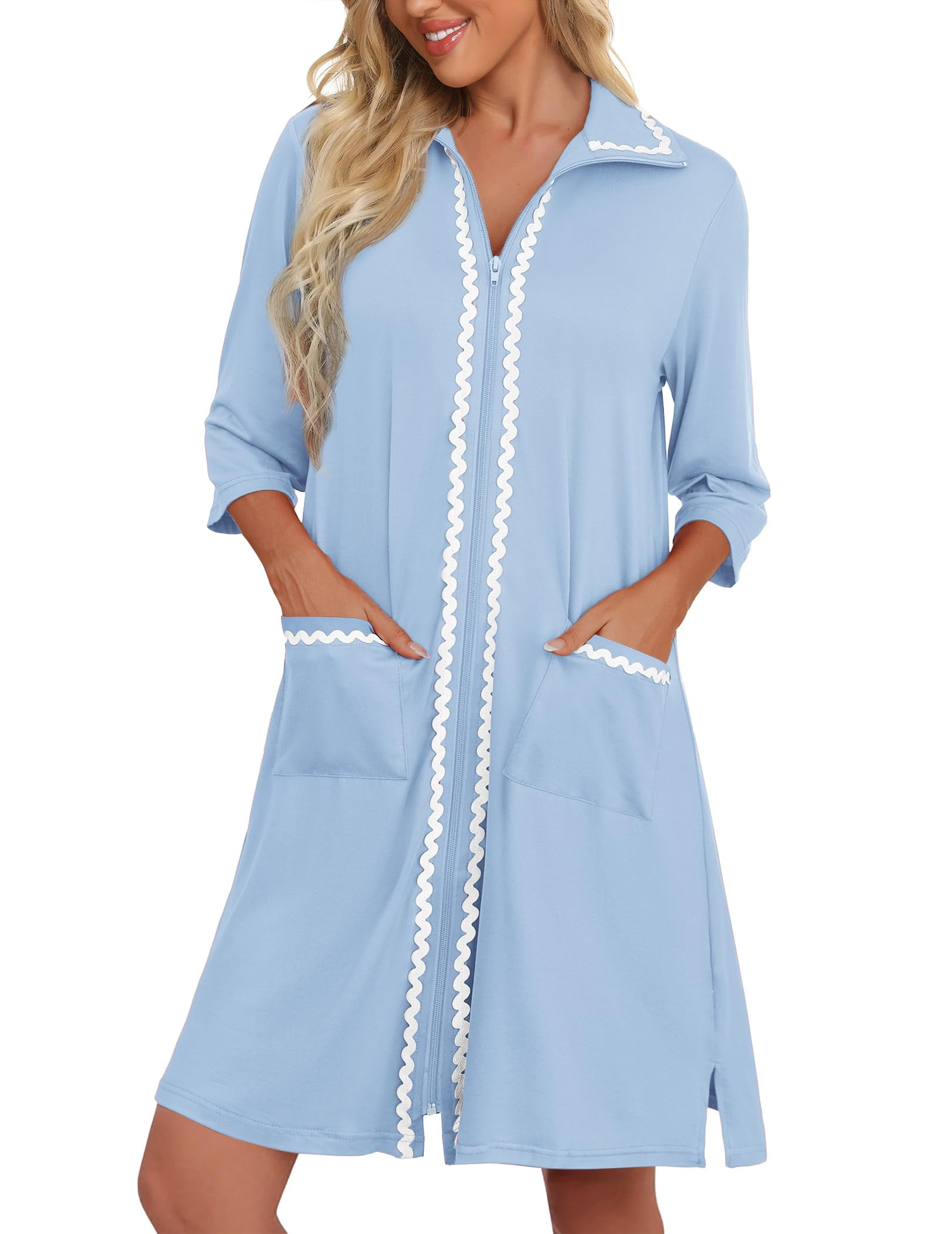 Ekouaer Women Zipper Robe Lightweight House Coat Zipper Front Short ...