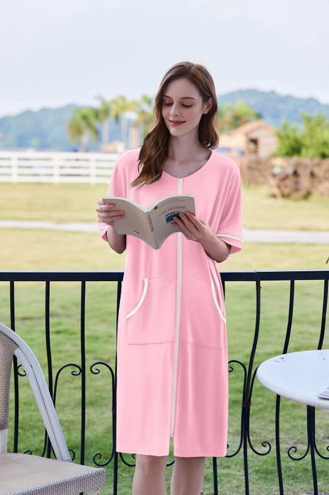 Ekouaer Women Zipper Robe Short Sleeve Duster Housecoat Short Bathrobes ...