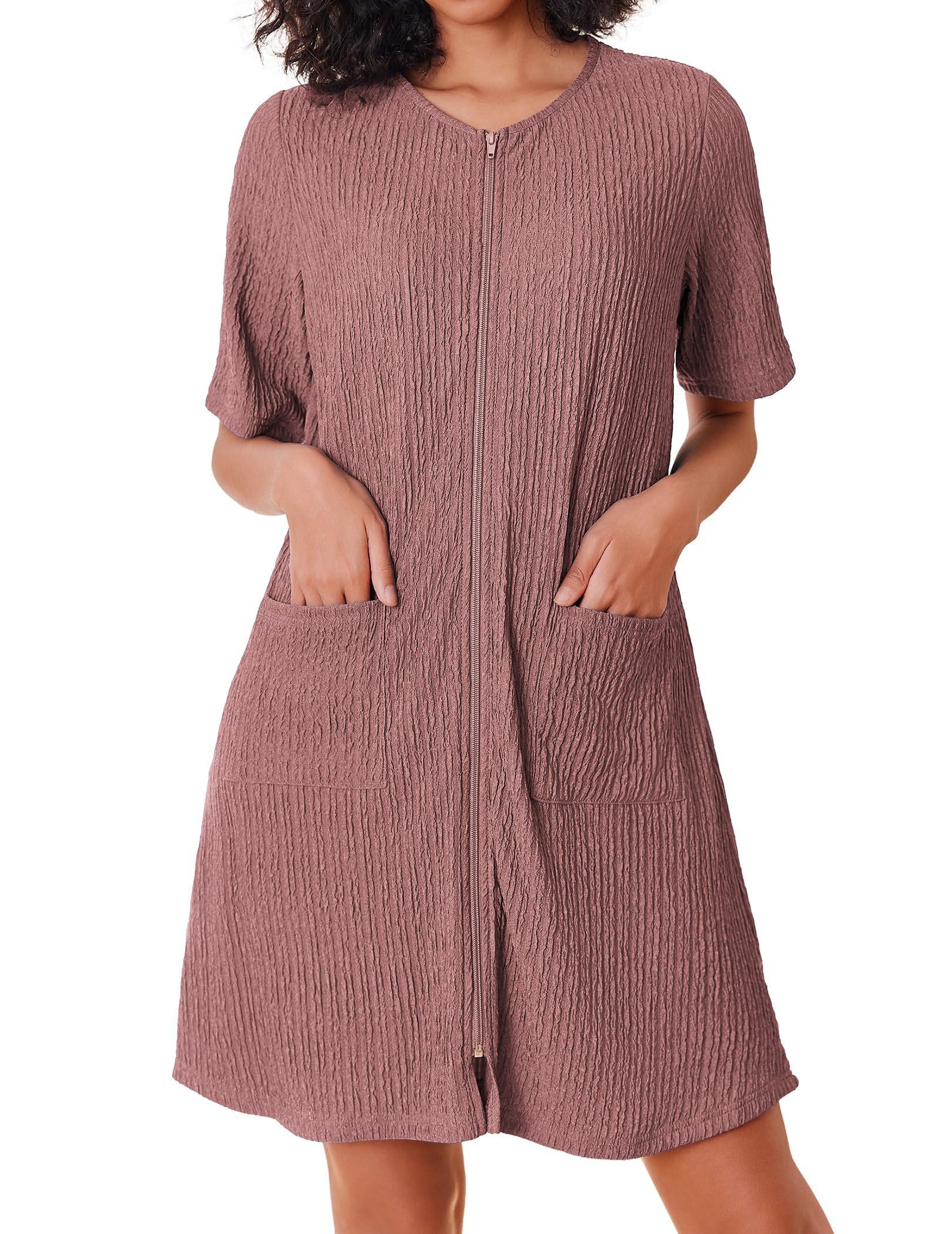 Ekouaer Women Zipper Robe Short Sleeves House Dress Knit Short Bathrobe ...