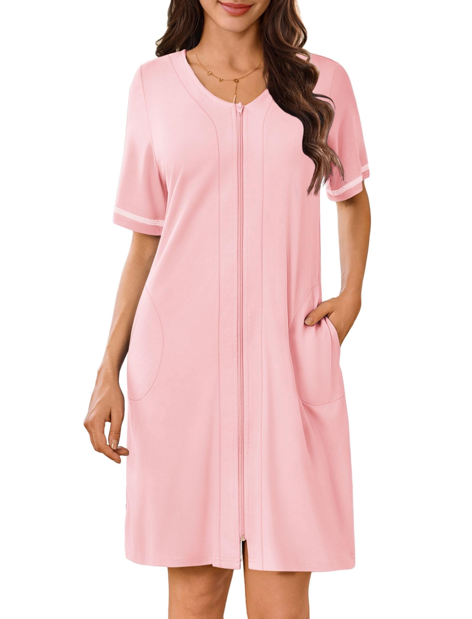 Ekouaer Women Zipper Robes Short Sleeves Housecoat Lightweight ...